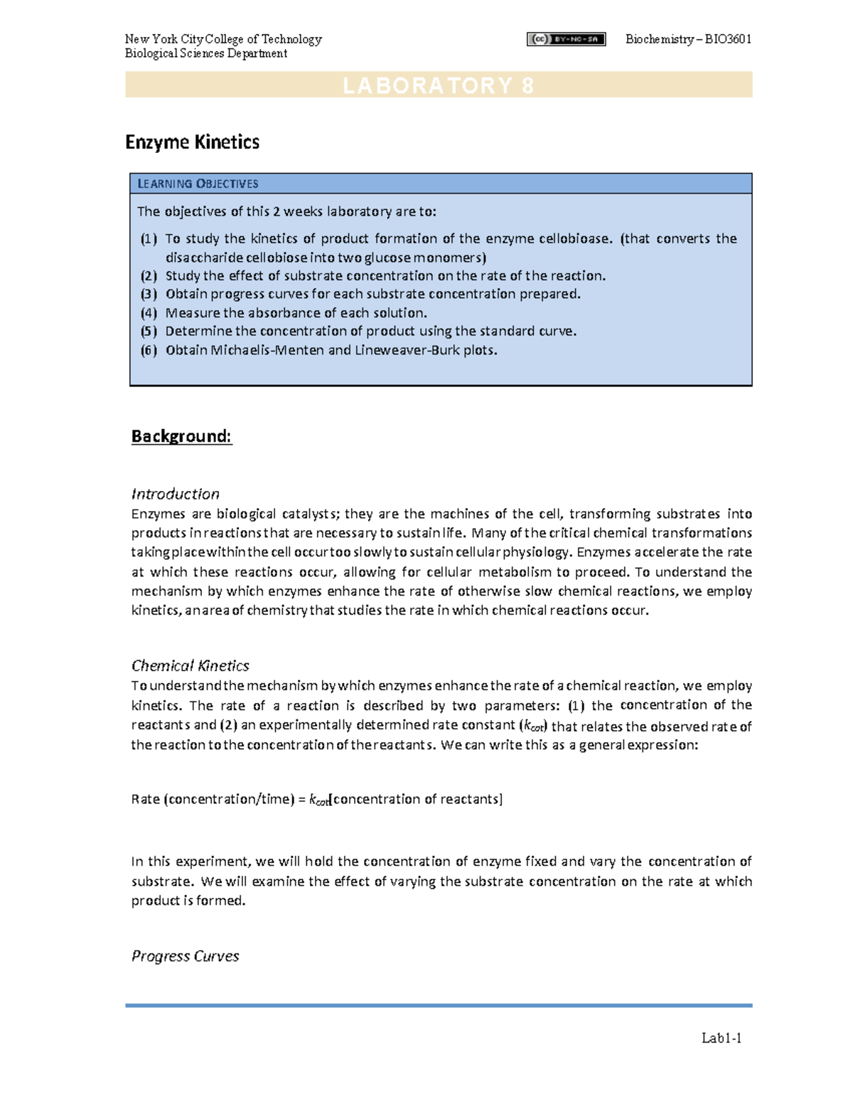 LAB 08-09 - Enzyme Kinetics - Biological Sciences Department Enzyme ...