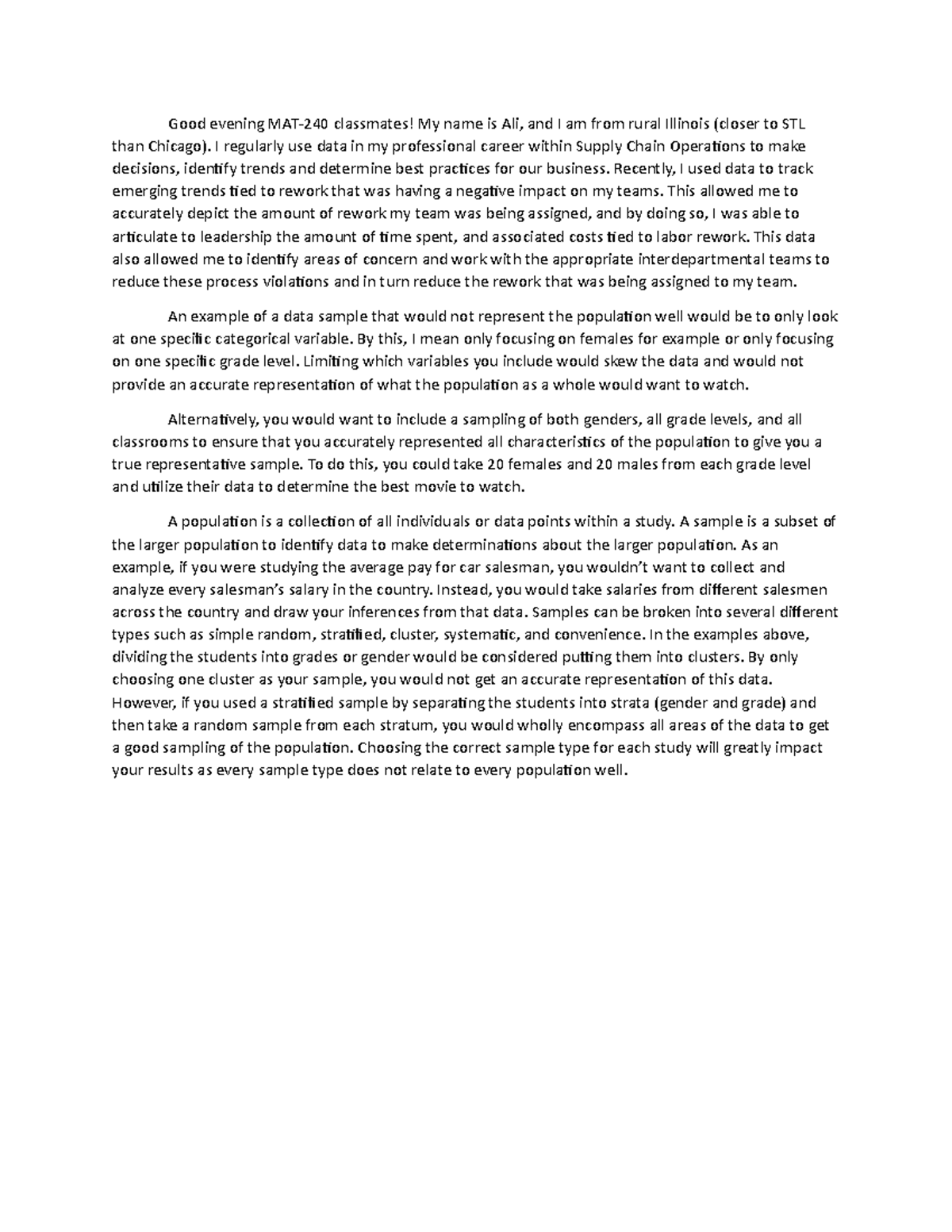 Module 1 Discussion - Good evening MAT-240 classmates! My name is Ali ...