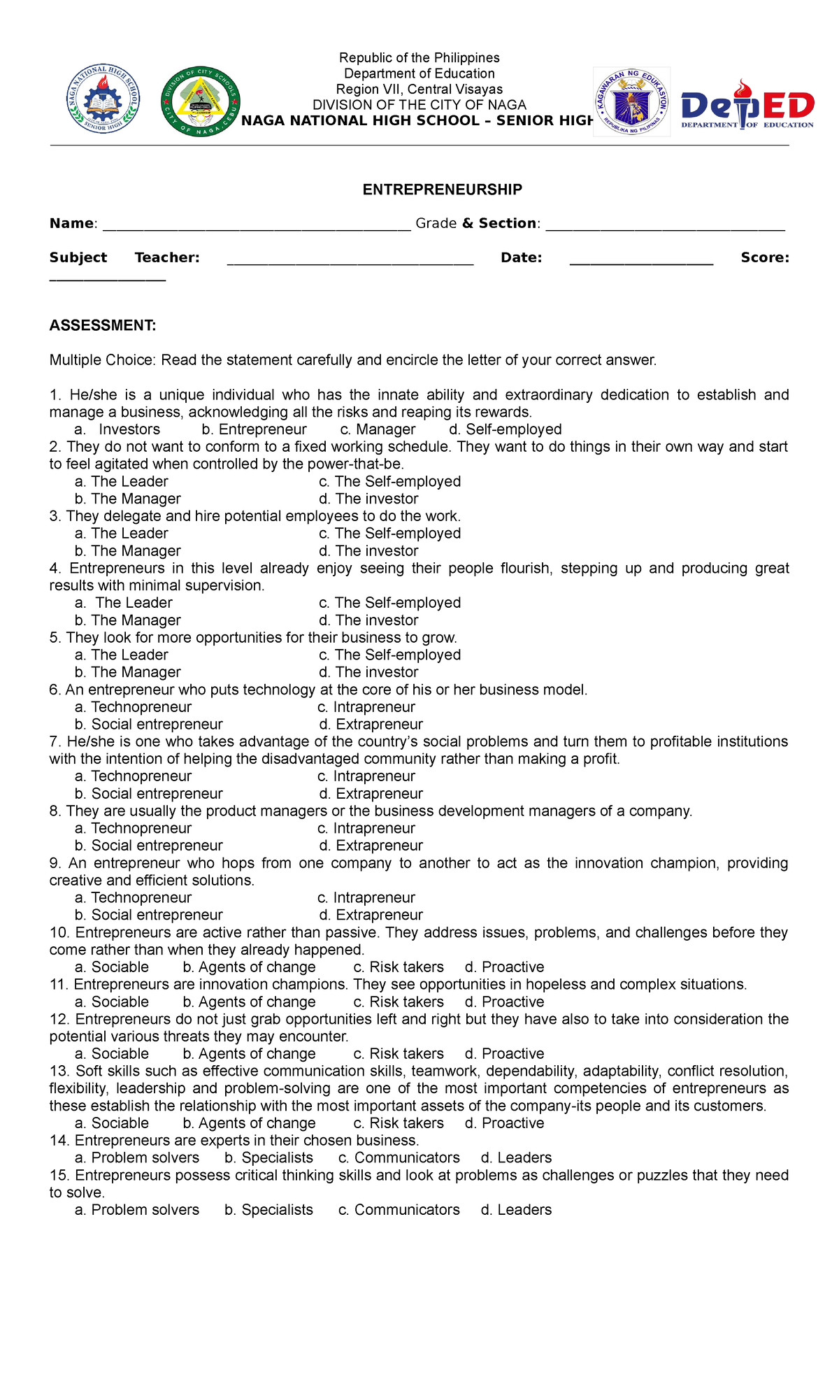 Assessment on Entrep Explore Job Opportunies for Entrepreneurship as a ...