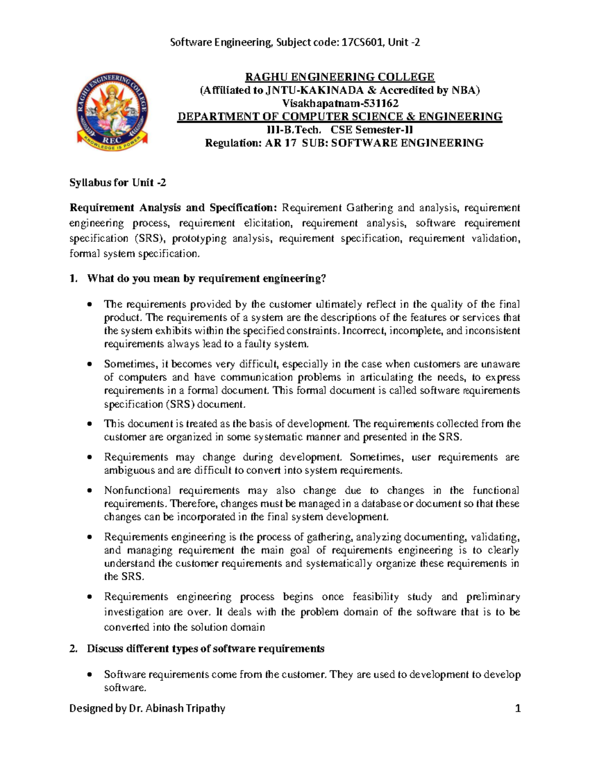 SE unit 2 notes - Ntg - RAGHU ENGINEERING COLLEGE (Affiliated to JNTU ...