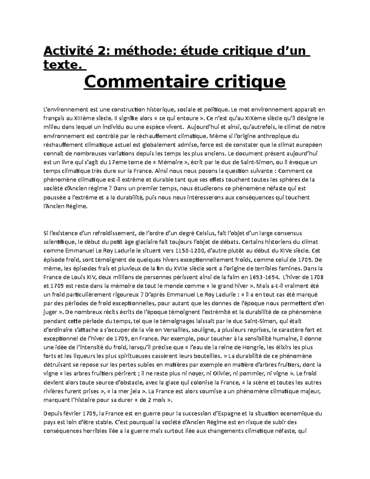 Commentaire critique - rien - Activité 2: méthode: étude critique d’un ...