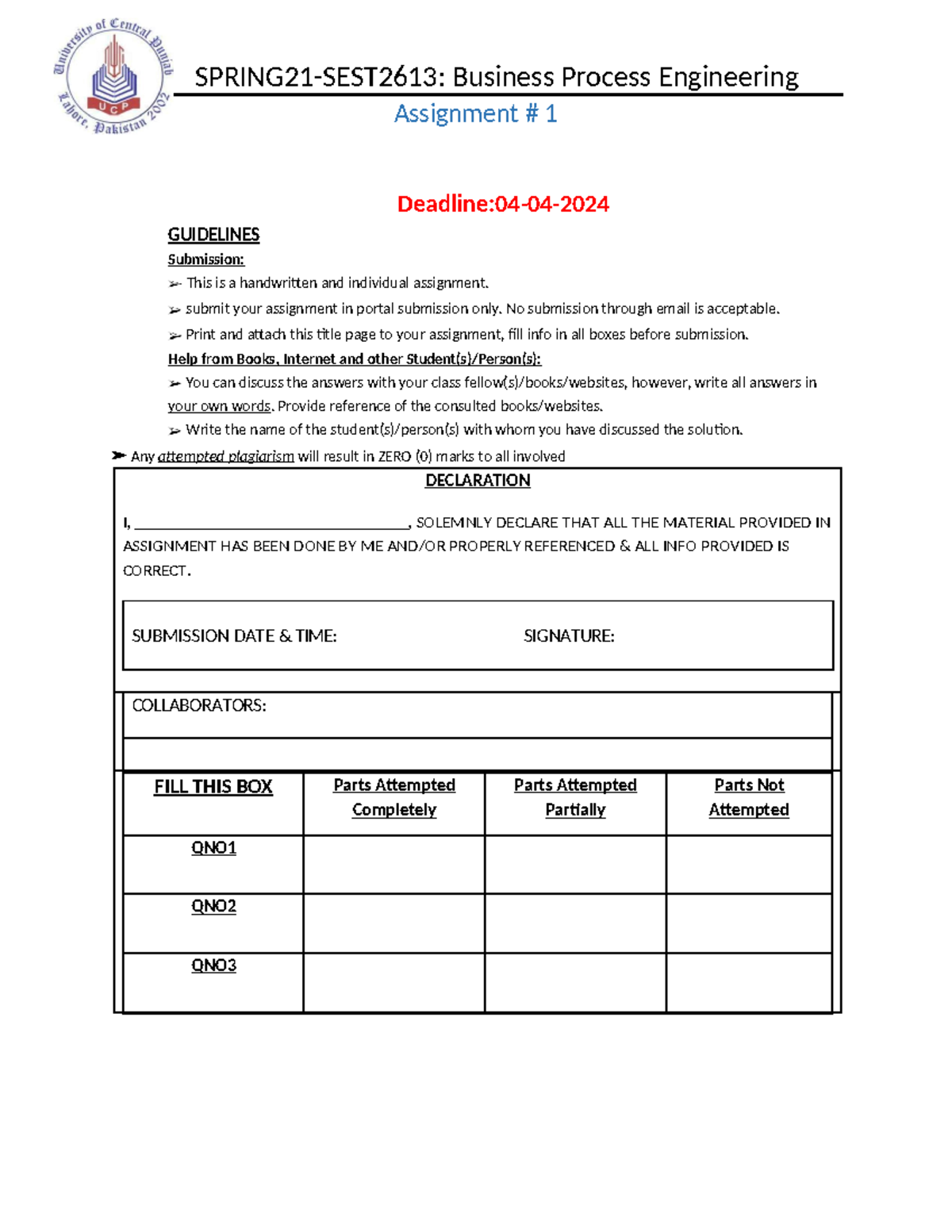 Assignment 1 - SPRING21-SEST2613: Business Process Engineering ...