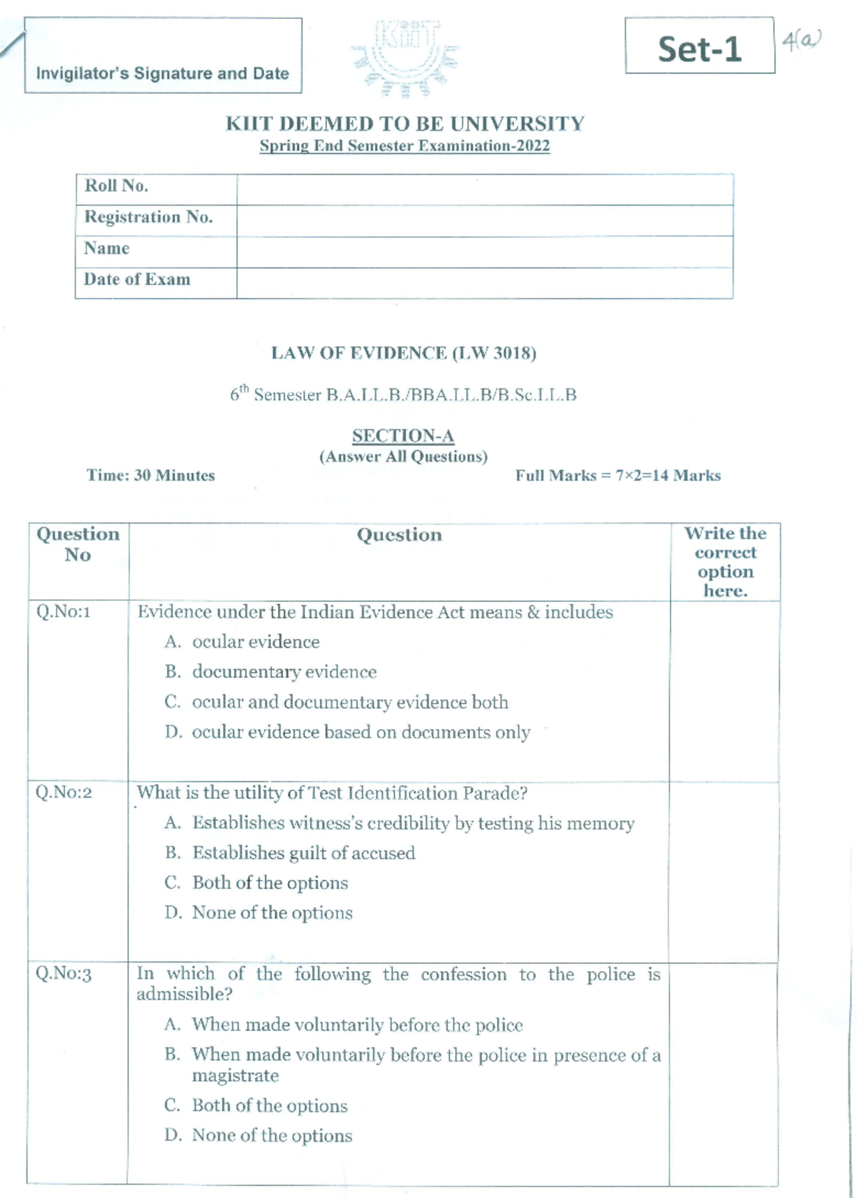 Spring, End Semester - 2022, 6th Semester, Law of Evidence, LW - 3018 ...