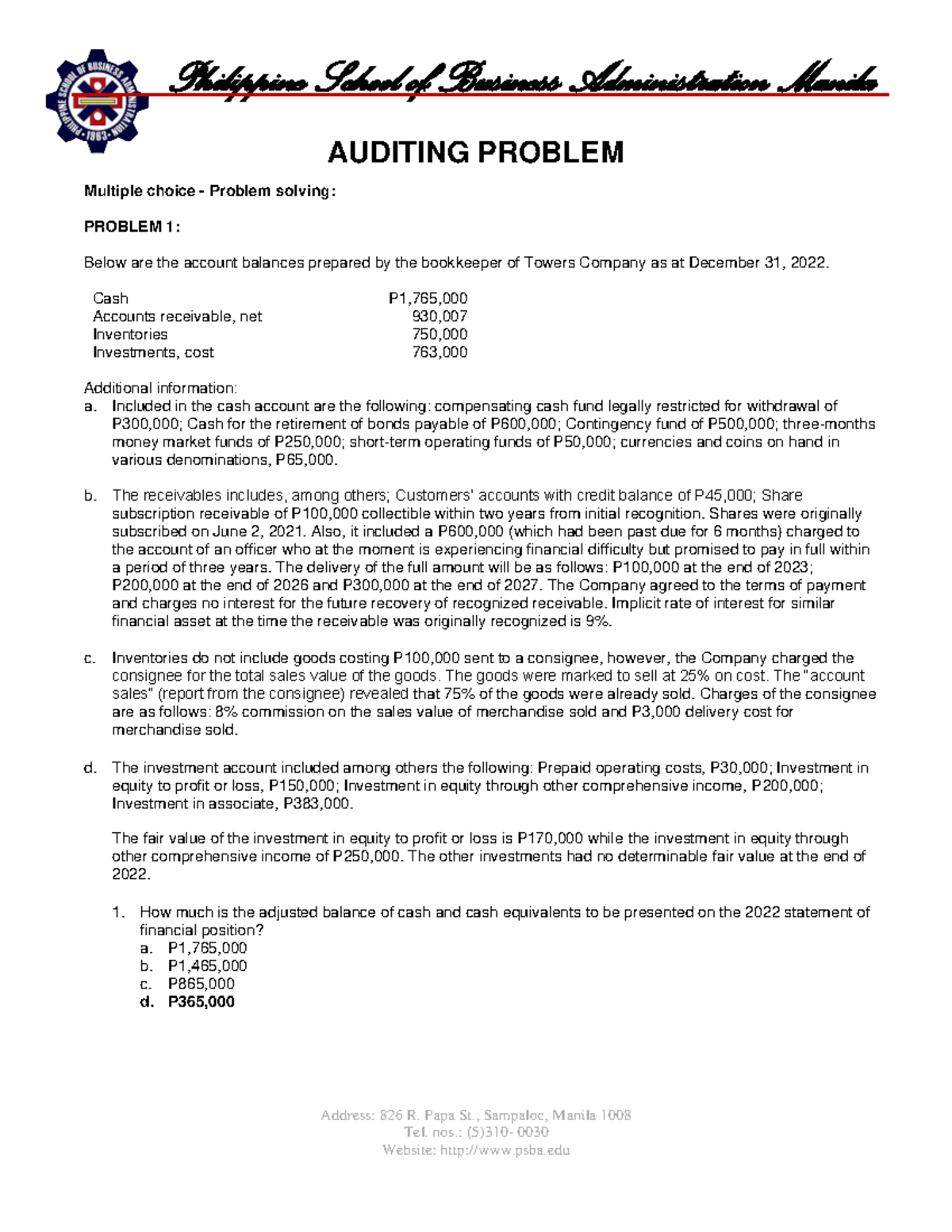 QUIZ 4 - DdqaDQD - AUDITING PROBLEM Address: 826 R. Papa St., Sampaloc, Manila 1008 Tel. nos ...