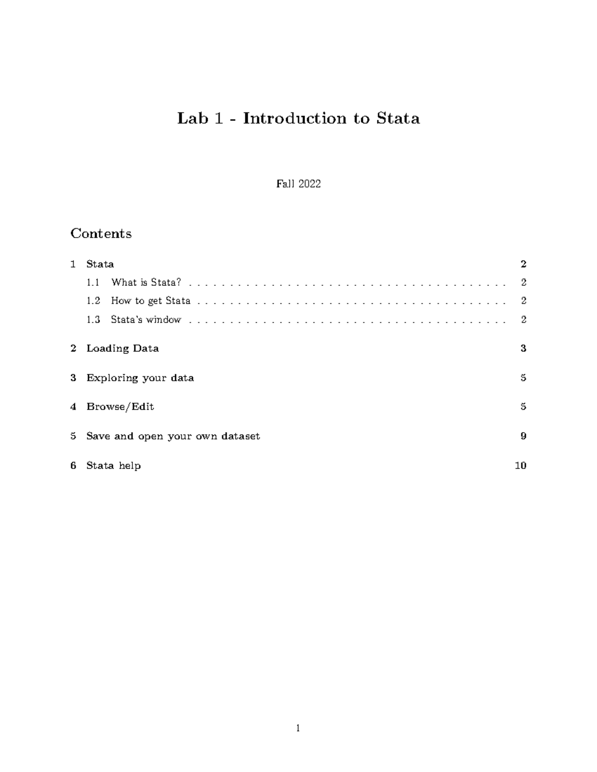 EC 399 LAB 1 - Assistant - Lab 1 - Introduction to Stata - Fall 1 Stata ...