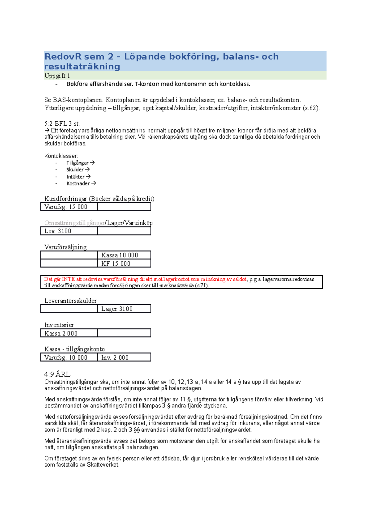 Redov R sem2 - T-konton med kontonamn och kontoklass. Se BAS ...