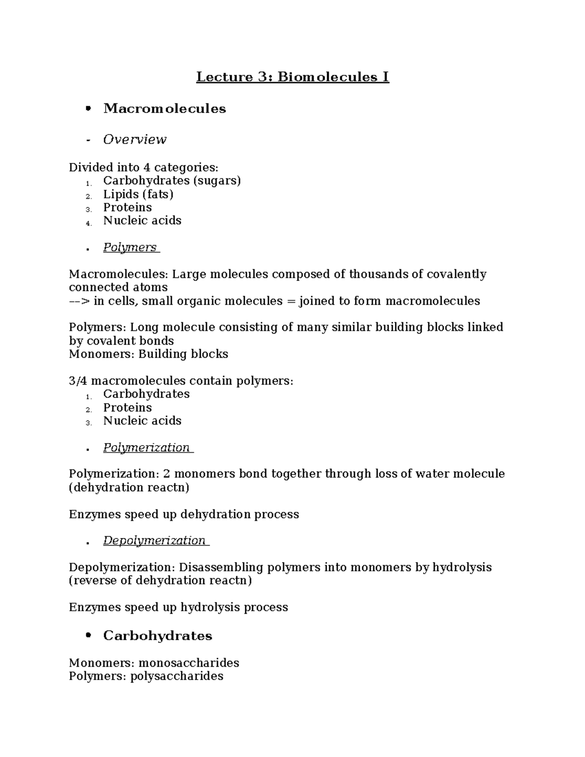 Lecture 3 - Biomolecules I Notes - Lecture 3: Biomolecules I ...