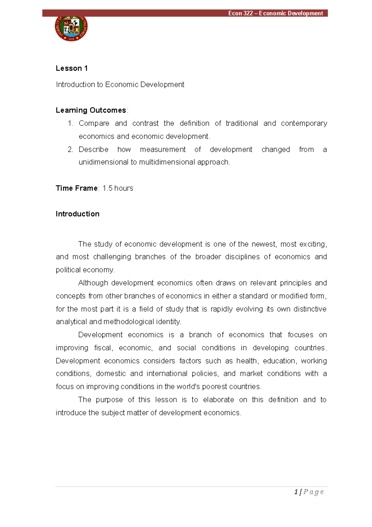 Lesson 1 - Introduction to Economic Development - Lesson 1 Introduction ...