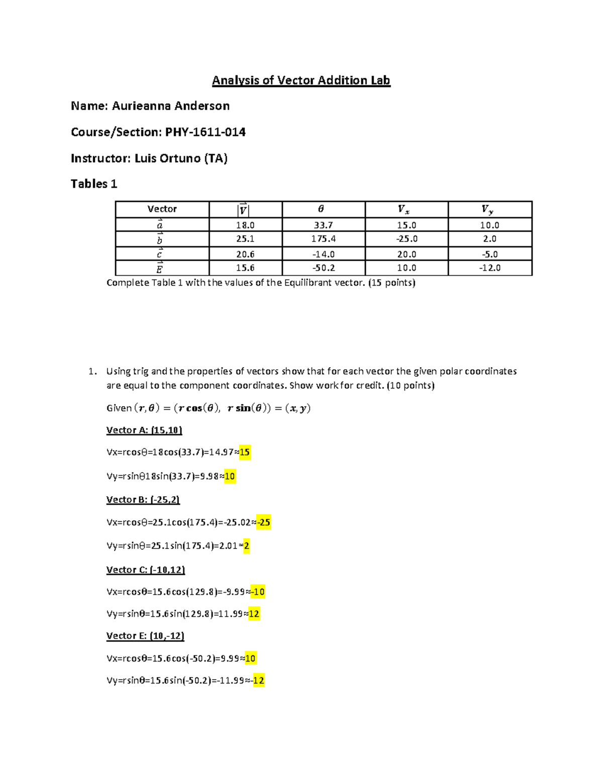 Physics I Vector Addition Lab - Analysis of Vector Addition Lab Name: Aurieanna Anderson - Studocu