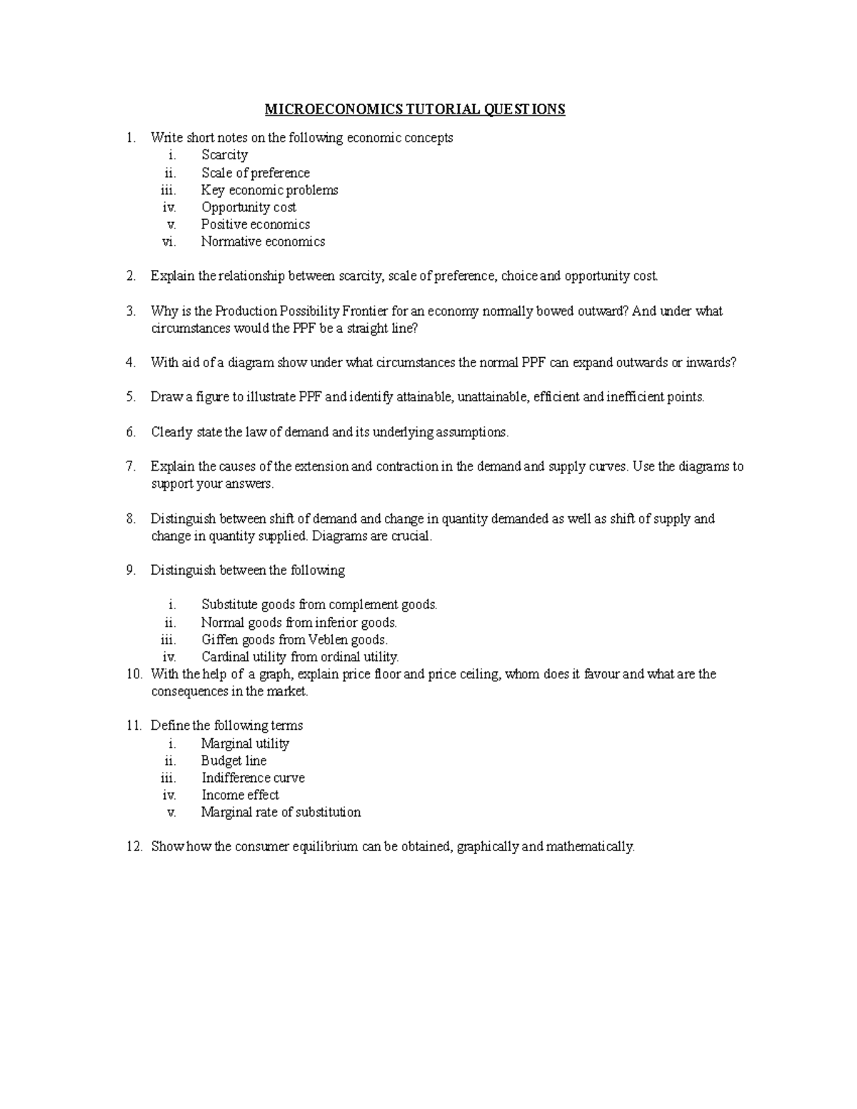 Microeconomics Tutorial Questions BBF - MICROECONOMICS TUTORIAL ...