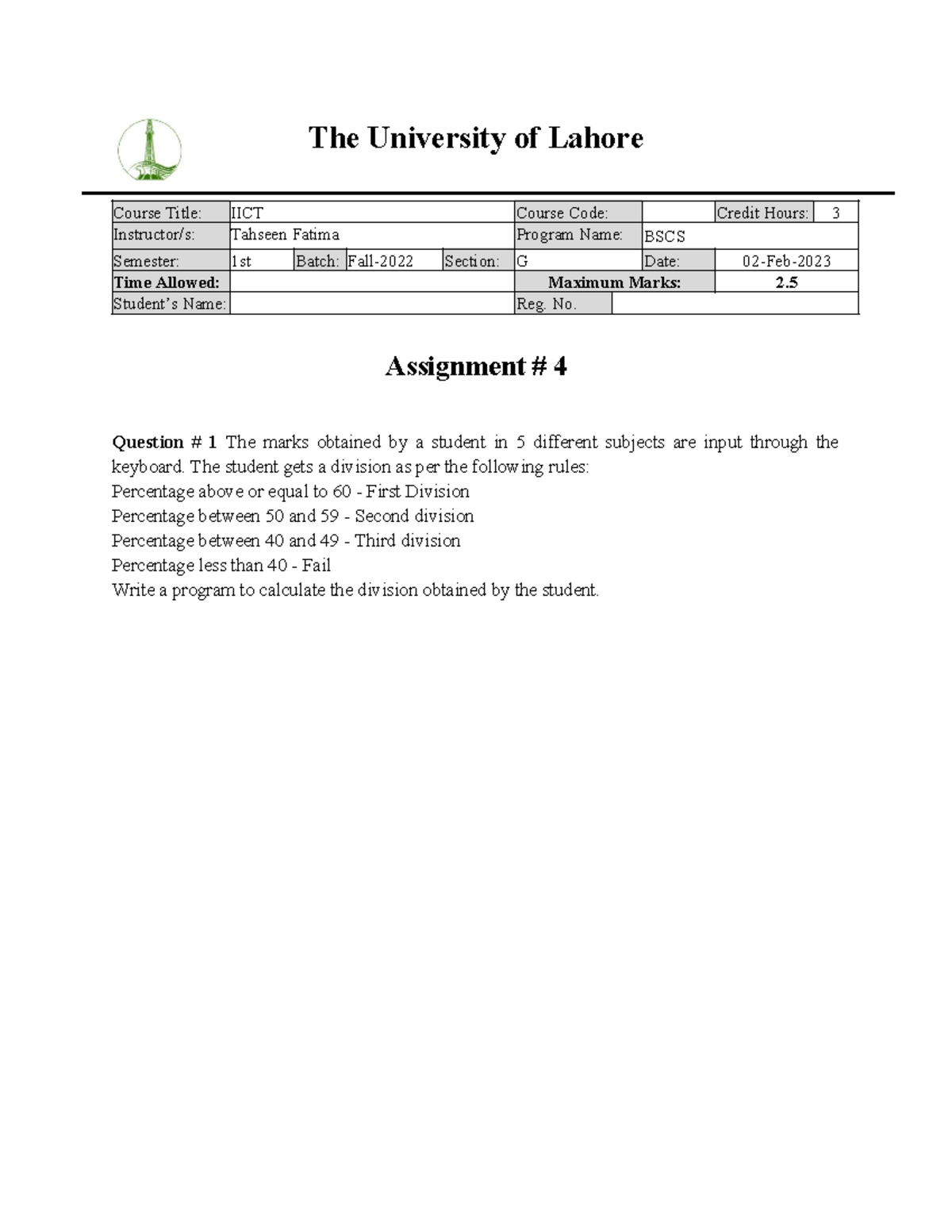 Assignment # 4 - Helping for you - Course Title: IICT Course Code ...