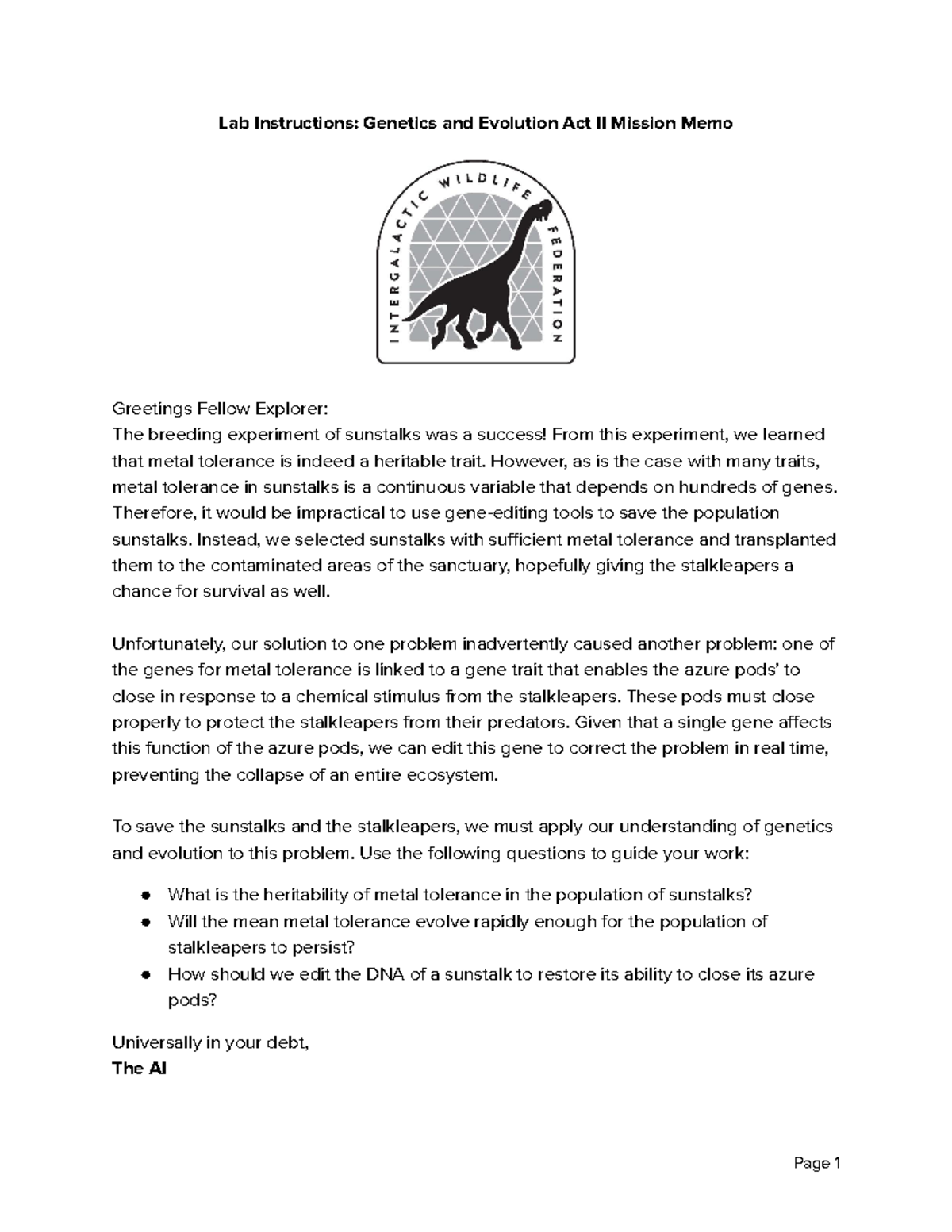 7 - Lab packet for biology - Lab Instructions: Genetics and Evolution ...