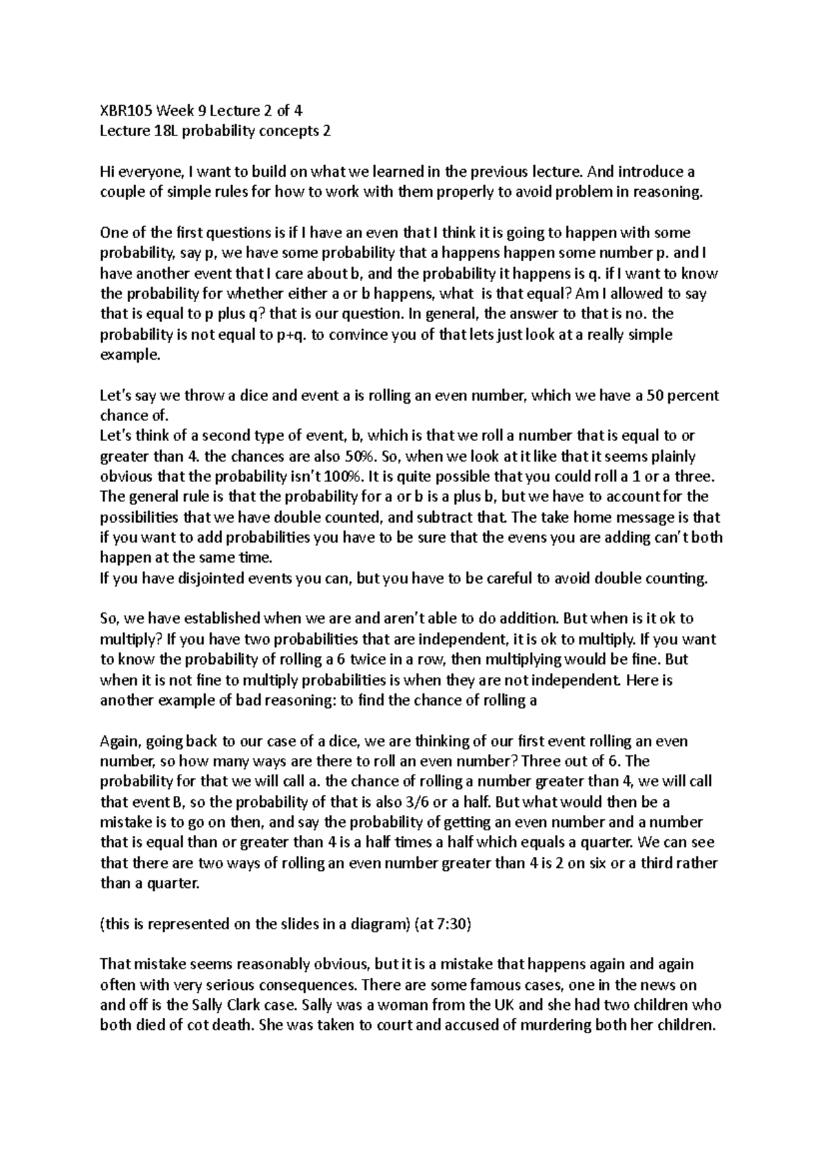 XBR105 W9 L2 - Lecture transcript - XBR105 Week 9 Lecture 2 of 4 Lecture 18L probability ...