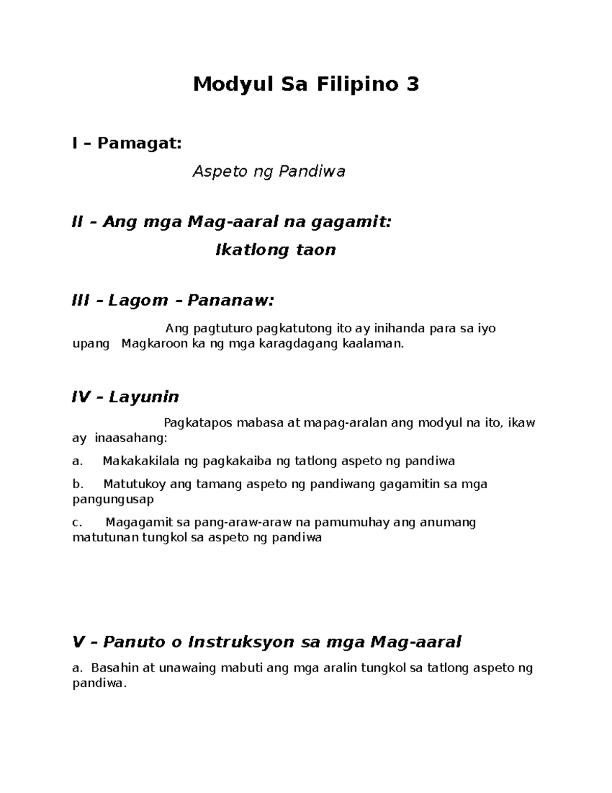 Modyul-ivy - FILIPINO - Modyul Sa Filipino 3 I – Pamagat: Aspeto ng ...