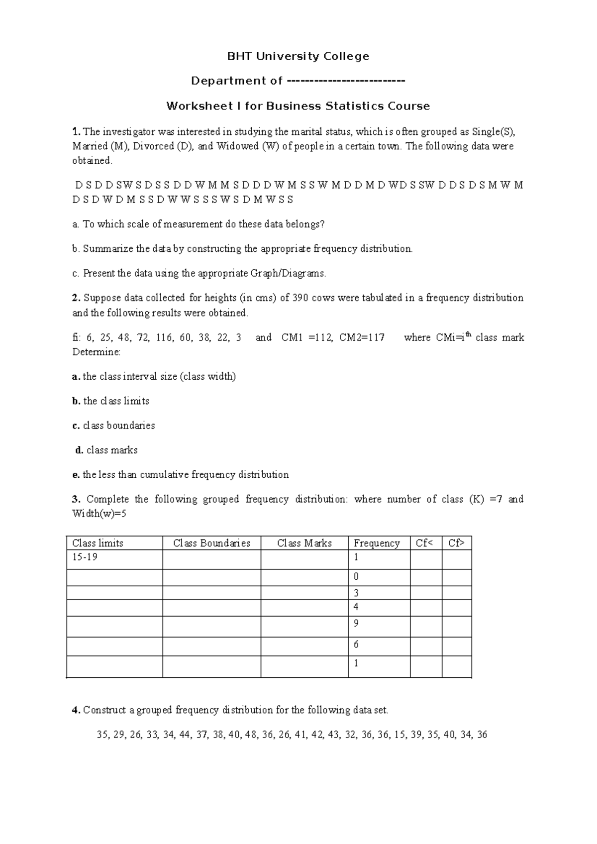 Worksheet for statistics for Business - BHT University College ...