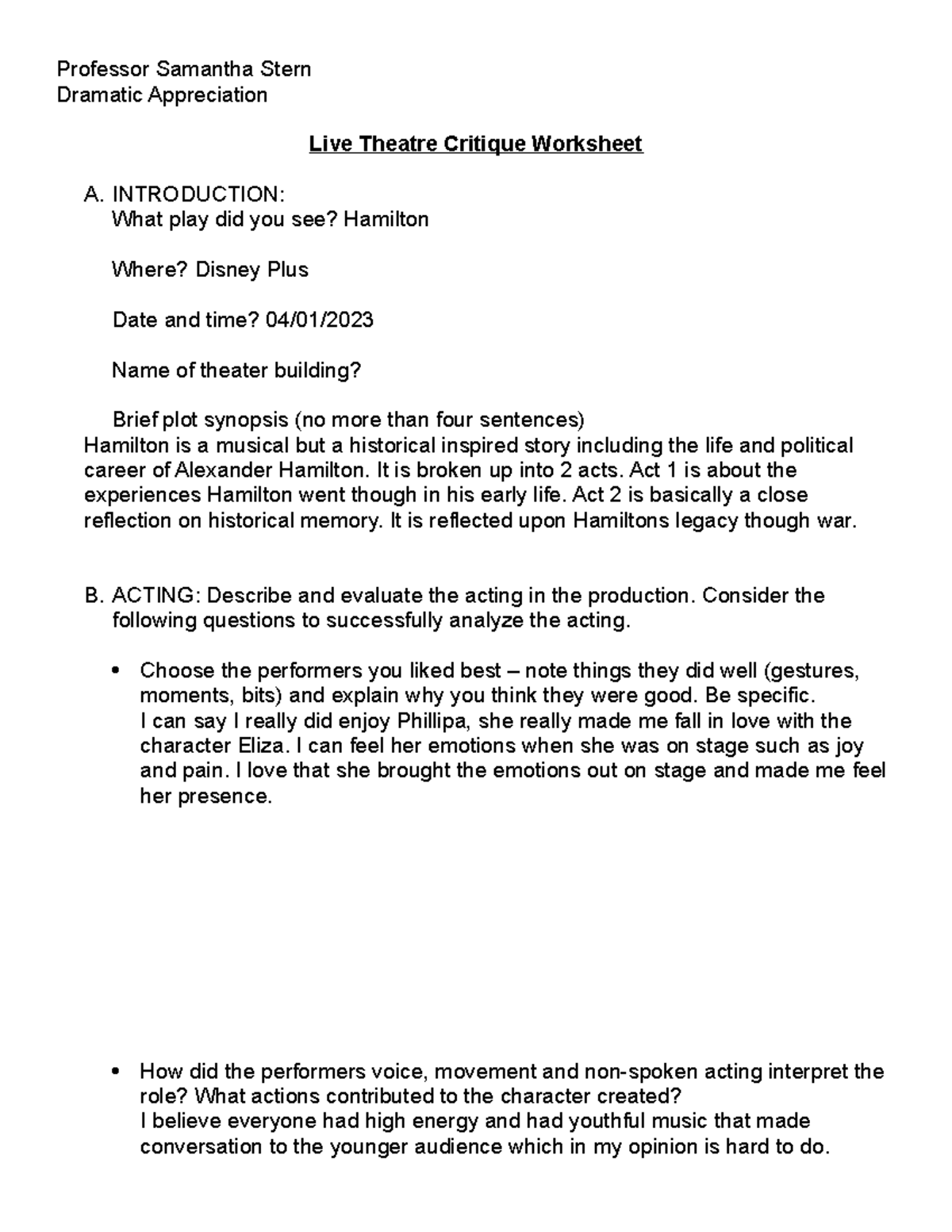Live Theatre Critique Worksheet - Professor Samantha Stern Dramatic ...
