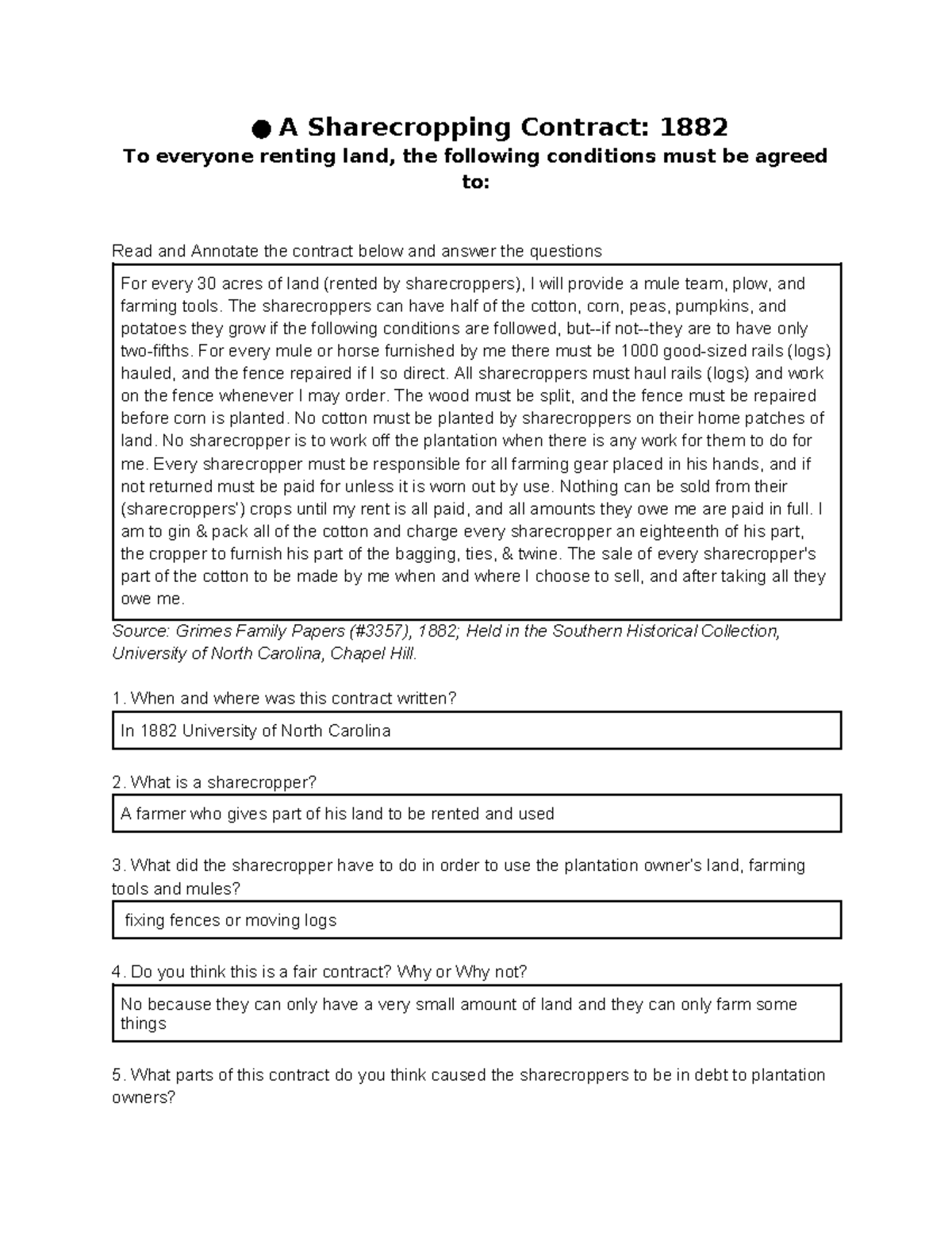 Mya Derbidge - A Sharecropping Contract 1882 - A Sharecropping Contract ...