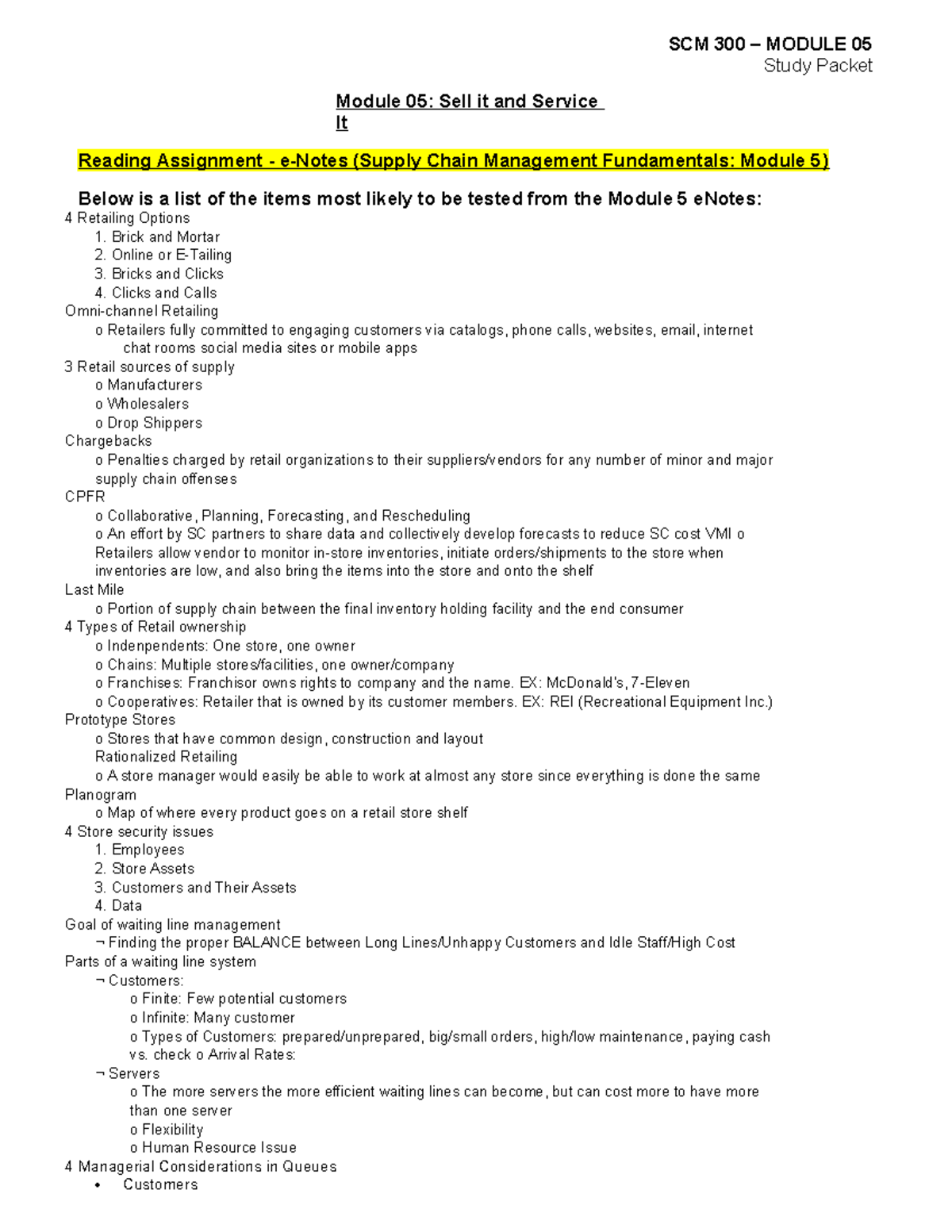 Module 5 Study Guide - Module 05: Sell it and Service It SCM 300 – MODULE 05 Study Packet ...