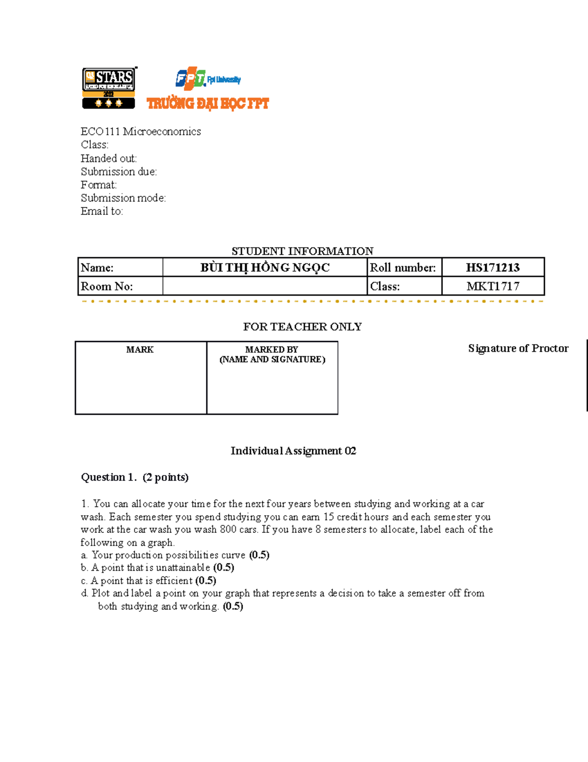 ECO111 Individual Assignment 02 - ECO111 Microeconomics Class: Handed ...