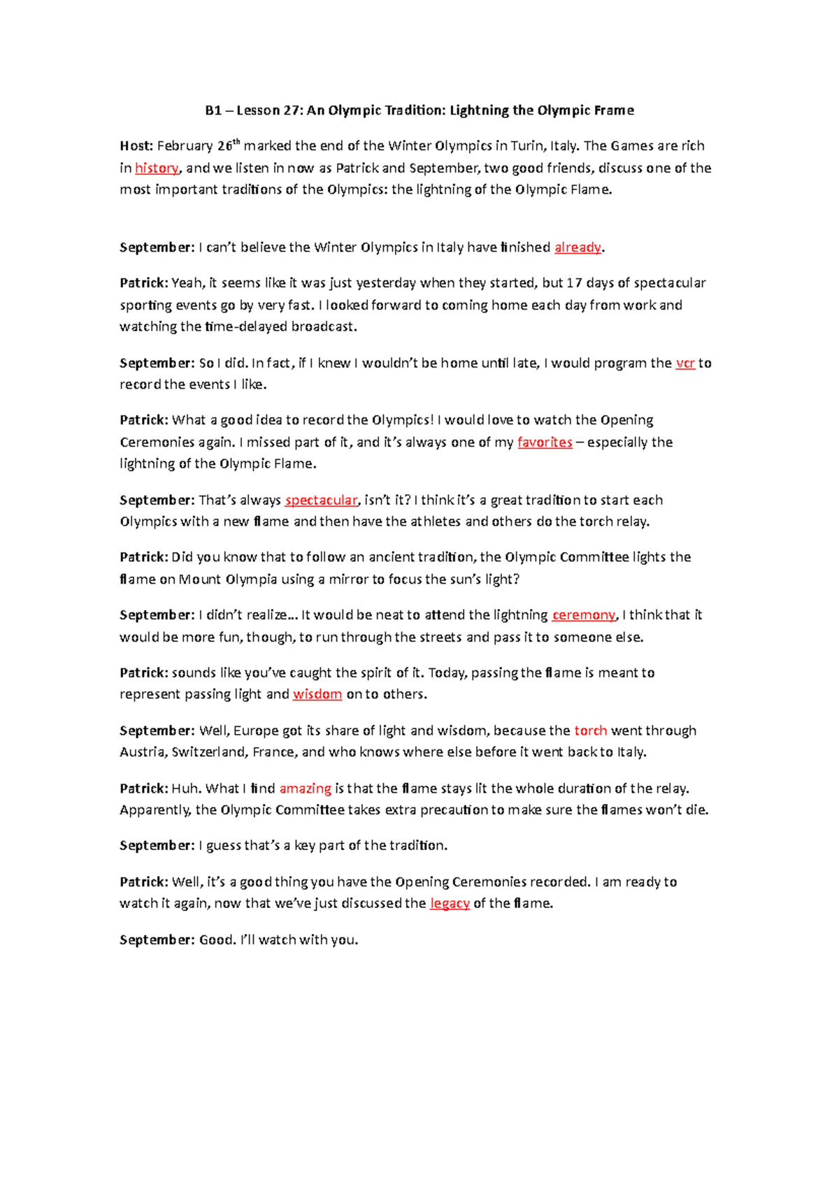 B1 - Lesson 27 - An Olympic Tradition - B1 – Lesson 27: An Olympic ...