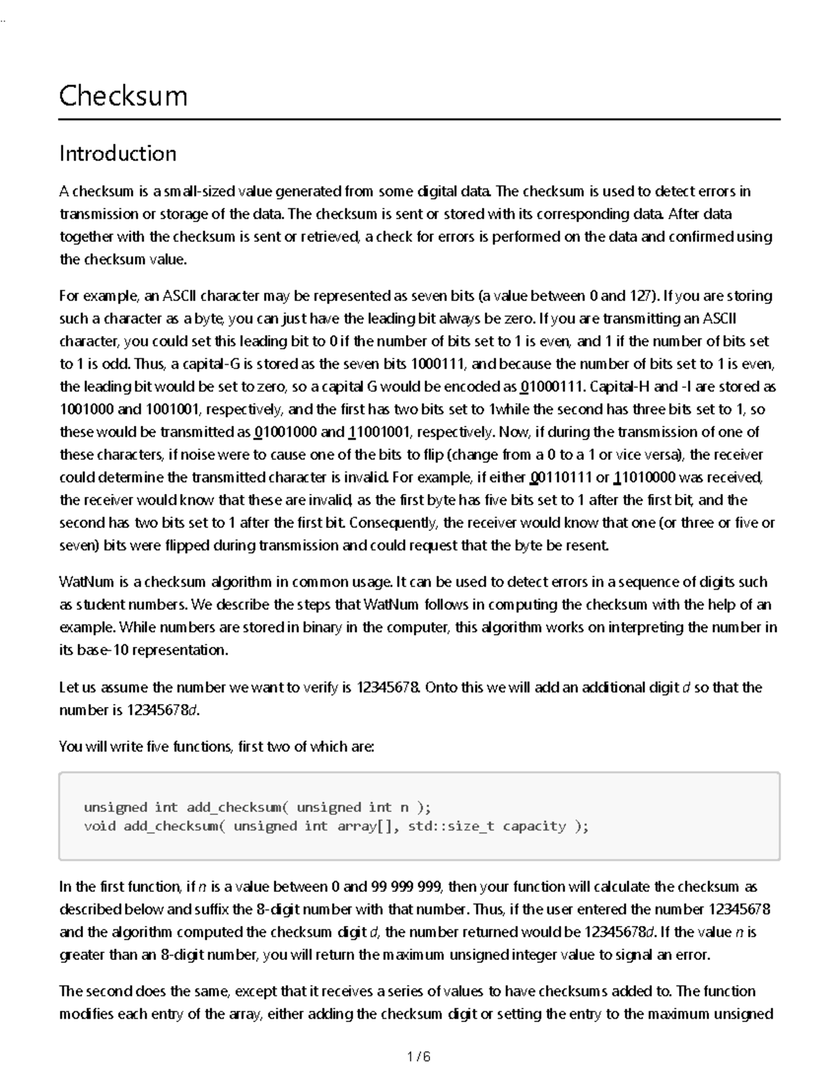 ECE 150 - Project - Problem Description - checksum - Checksum ...