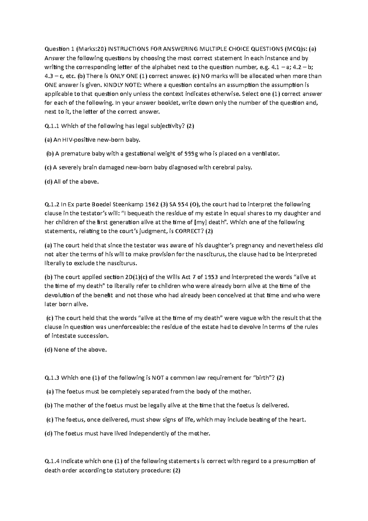 Exam 2016 - Question 1 (Marks:20) INSTRUCTIONS FOR ANSWERING MULTIPLE ...