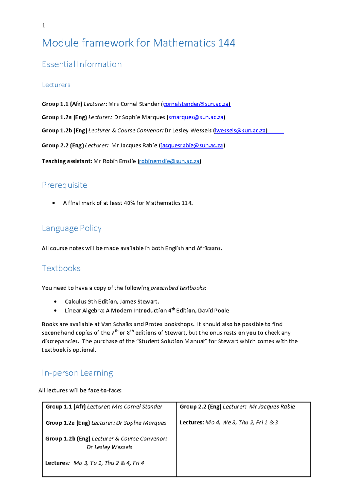Module outline for Mathematics 144 2022 - 1 Module framework for ...