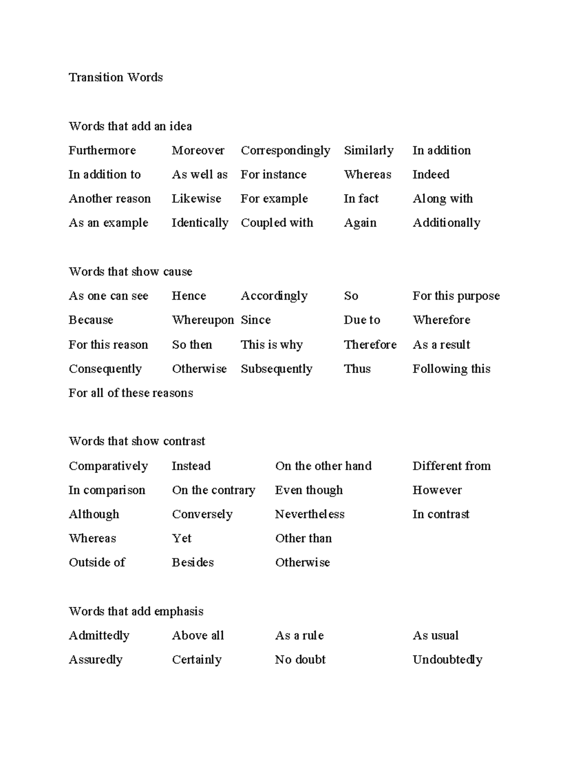 Copy of Transition Words for Essays - Transition Words Words that add ...