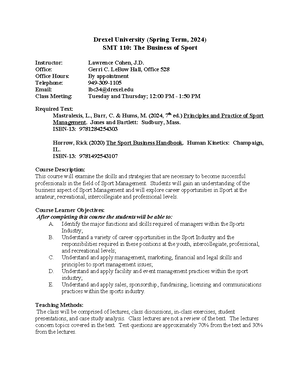 24-3-27 SMT 110 Syllabus - SMT- 110 - 902 - SP 23 - 24 : The Business of Sport 4 Credits Spring ...