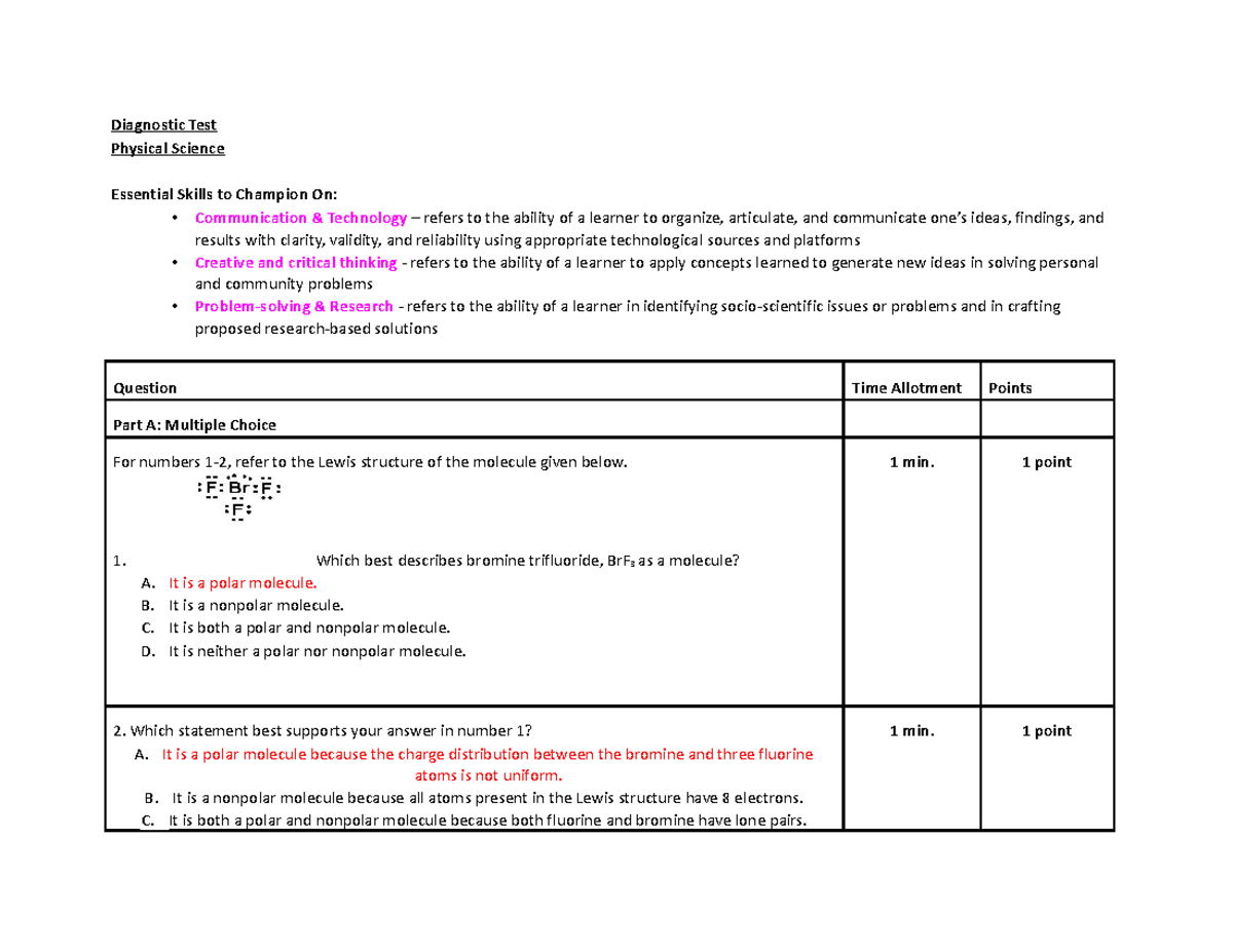 handouts materials for teaching - Diagnostic Test Physical Science ...