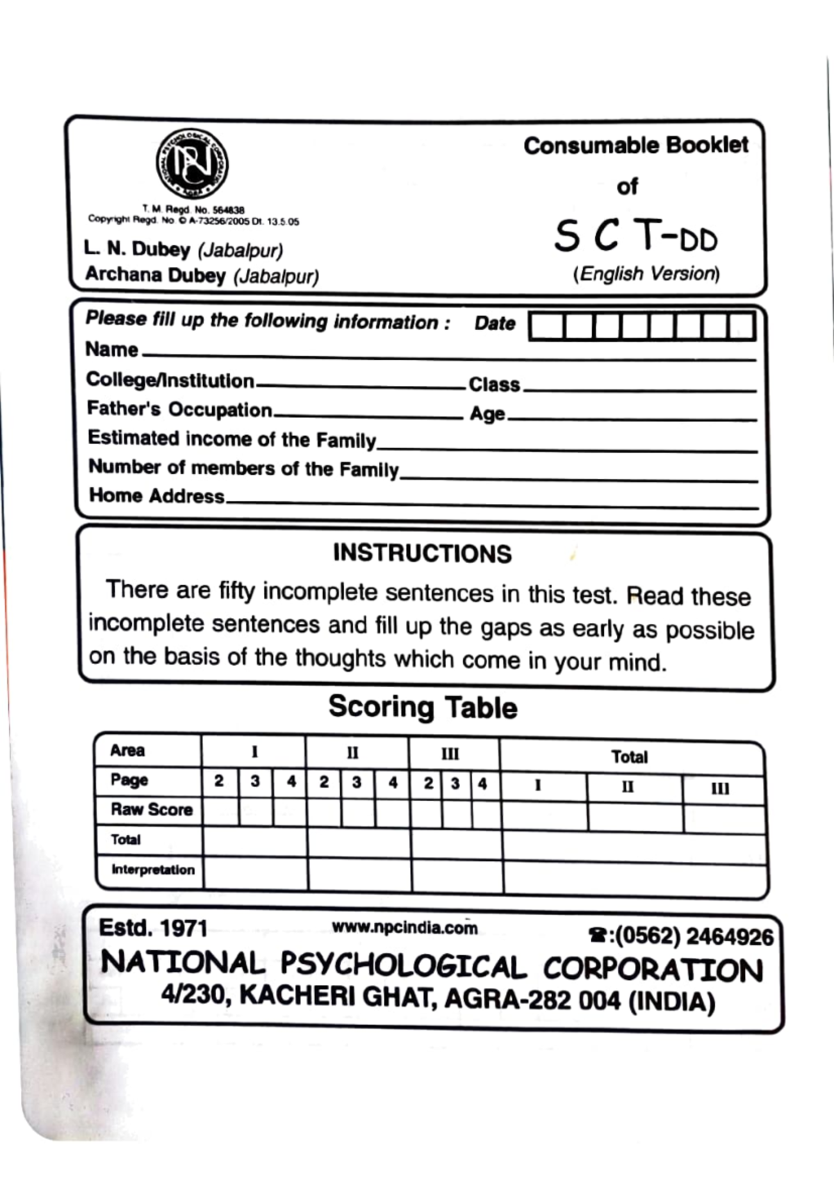 SCT questionnaire - Useful in Mpce 24 practical’s - Copyright Regd. No ...