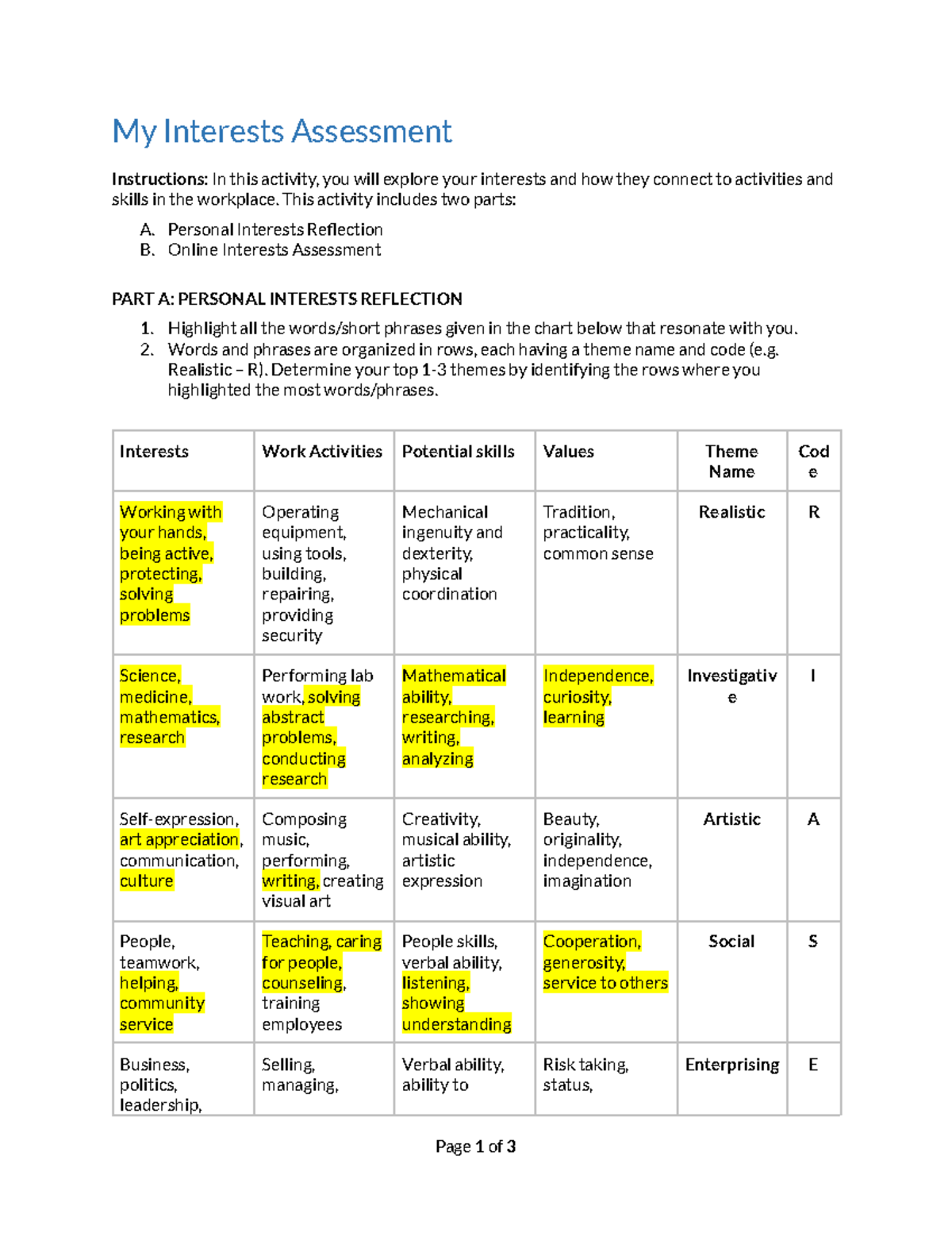Interest Assessment Worksheet - My Interests Assessment Instructions ...