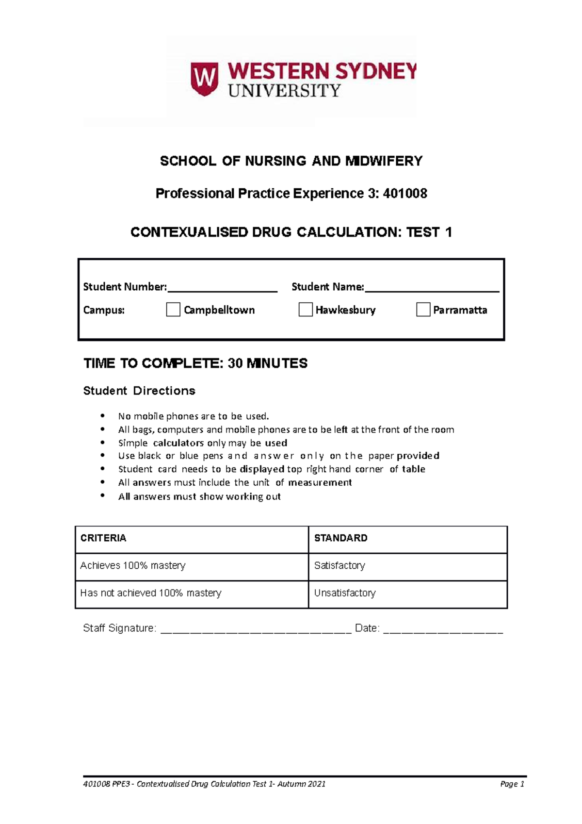 Maths Practice TEST 4 Answers SCHOOL OF NURSING AND MIDWIFERY