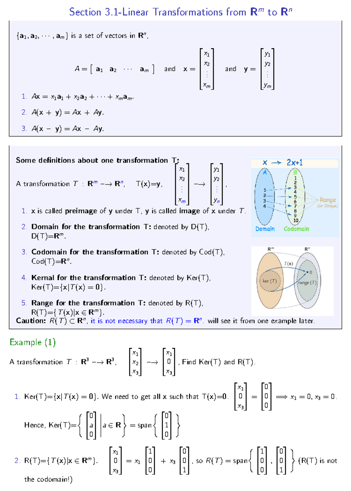 Section 3-1-Linear Transformations - .. xm and y = y 1 y 2 ... ym Ax = x 1 a - Studocu