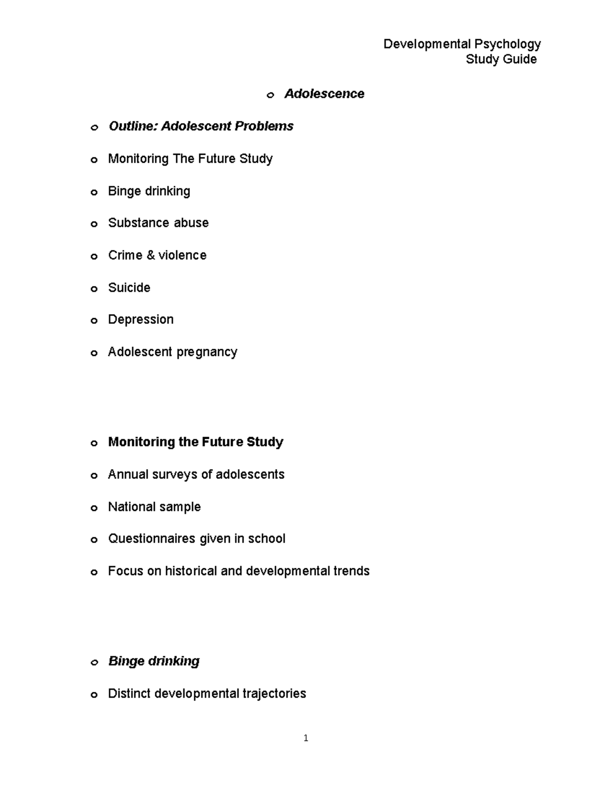 2021 Developmental Psychology Lecture Notes 16A - o Adolescence o ...