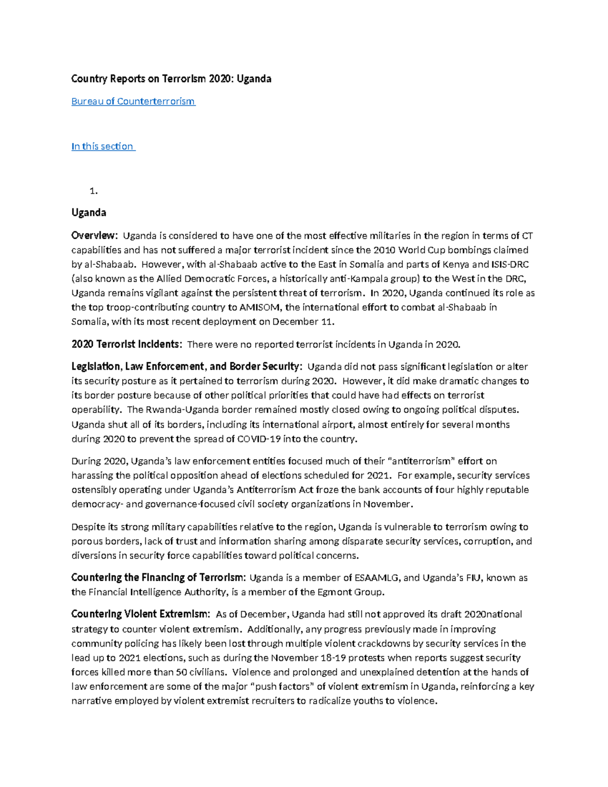 Country Reports on Terrorism 2020 Uganda- Bureau of Counter-terrorism ...