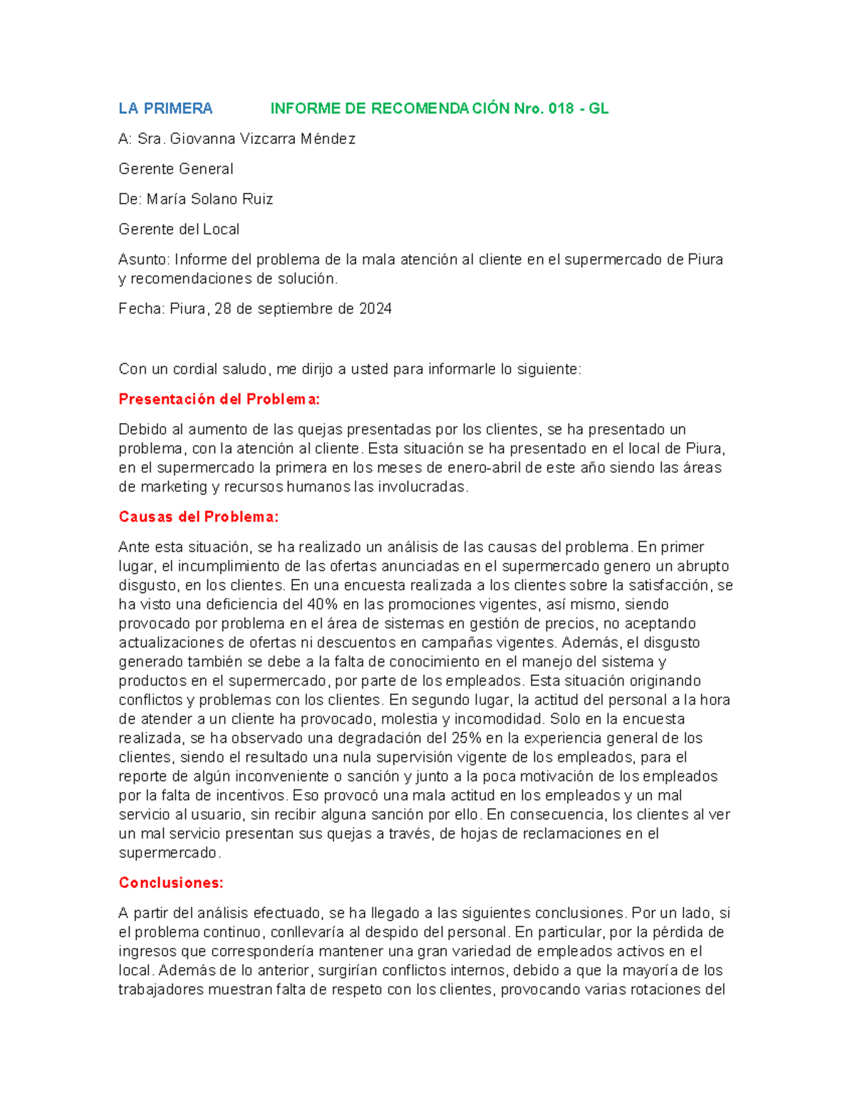 Redacción de Informe - Trabajo calificado 2 - LA PRIMERA INFORME DE ...