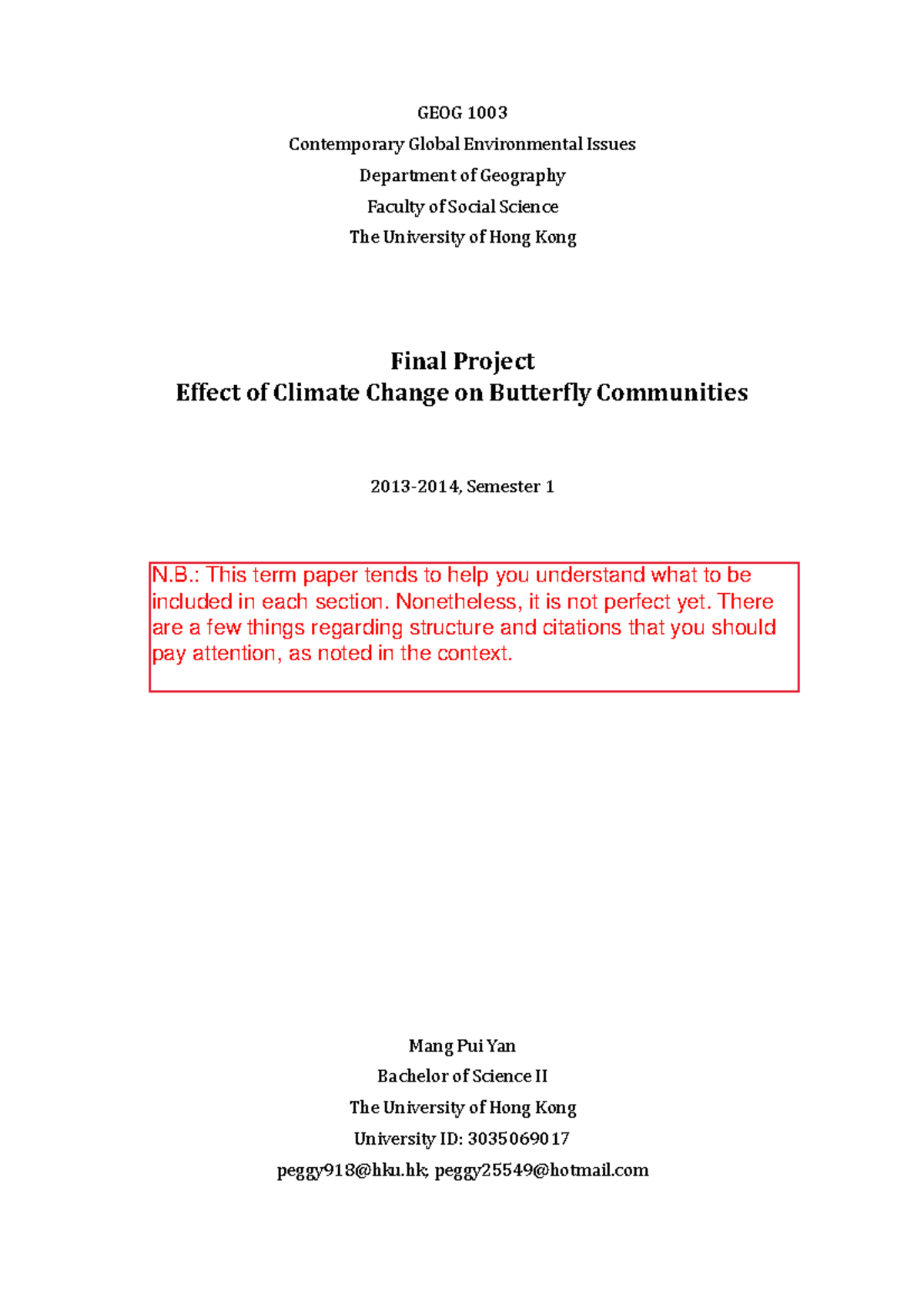 Sample paper A good student term paper - GEOG 1003 Contemporary Global ...