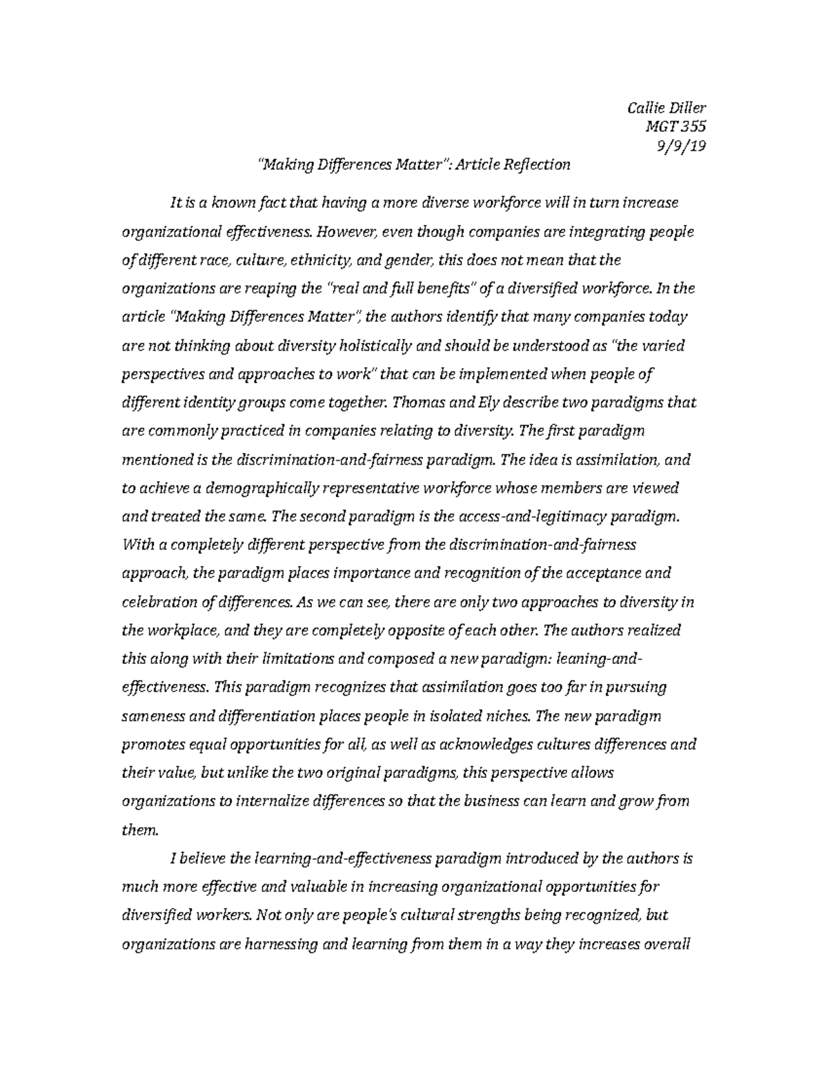 MGT 355- Making Differences Matter - Callie Diller MGT 355 9/9/ “Making Differences Matter ...