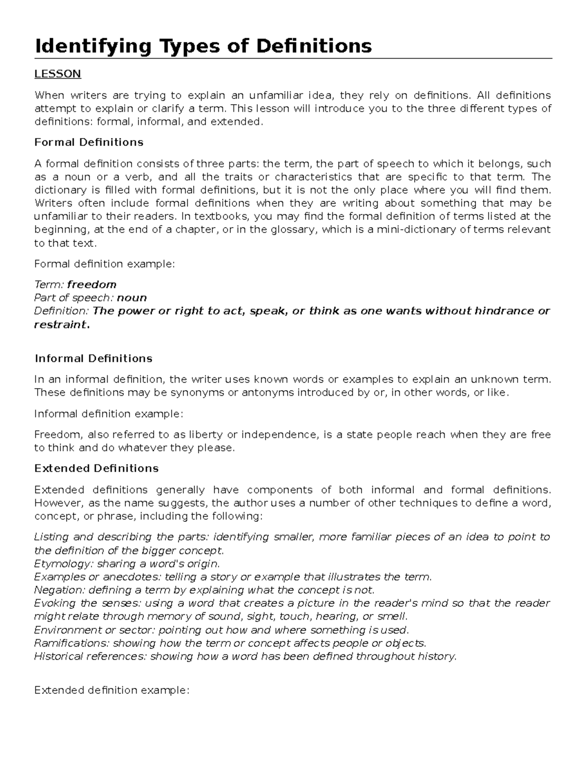 Lesson 8 Types OF Definition - Identifying Types of Definitions LESSON When writers are trying ...