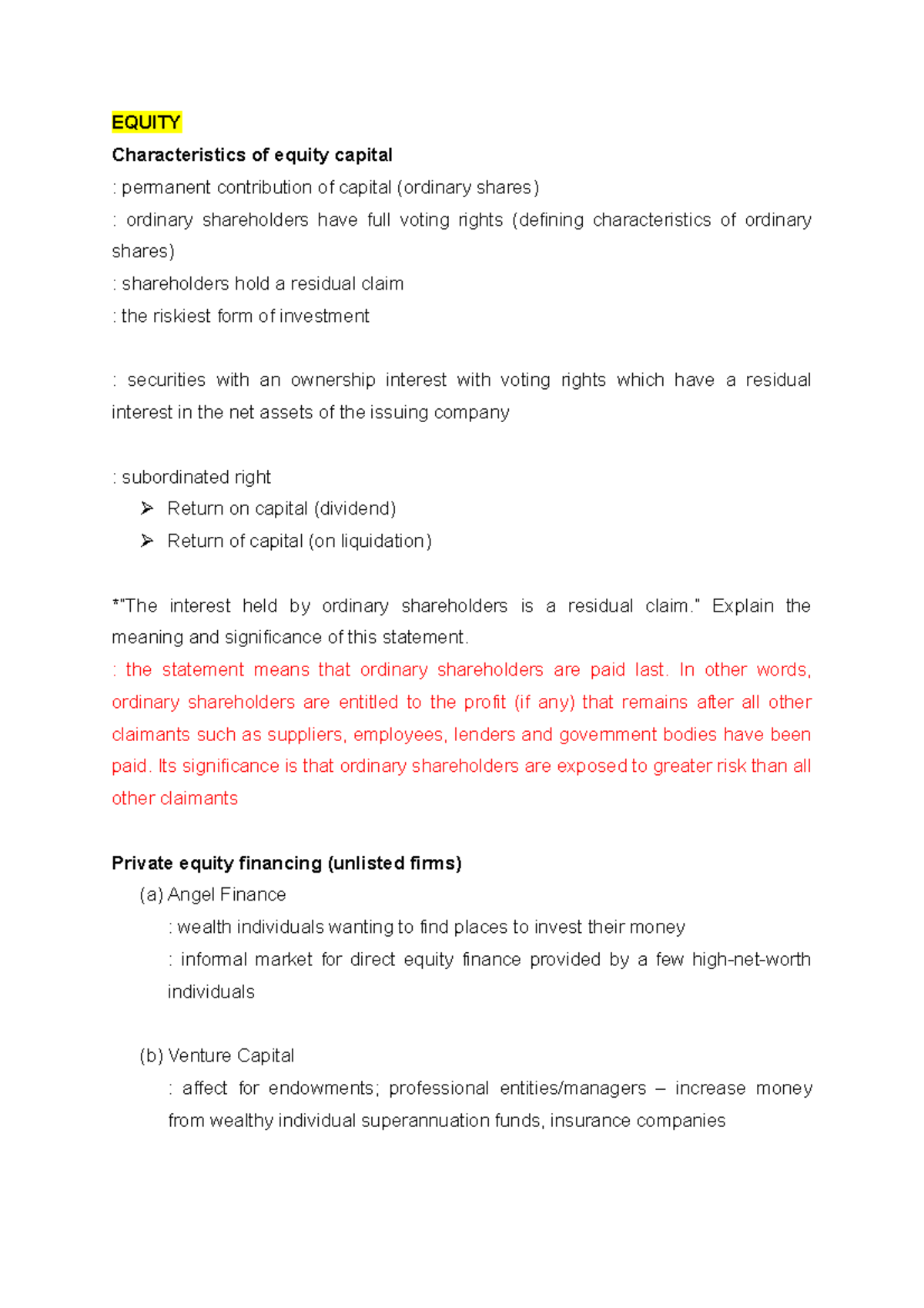 Final note - EQUITY Characteristics of equity capital : permanent ...