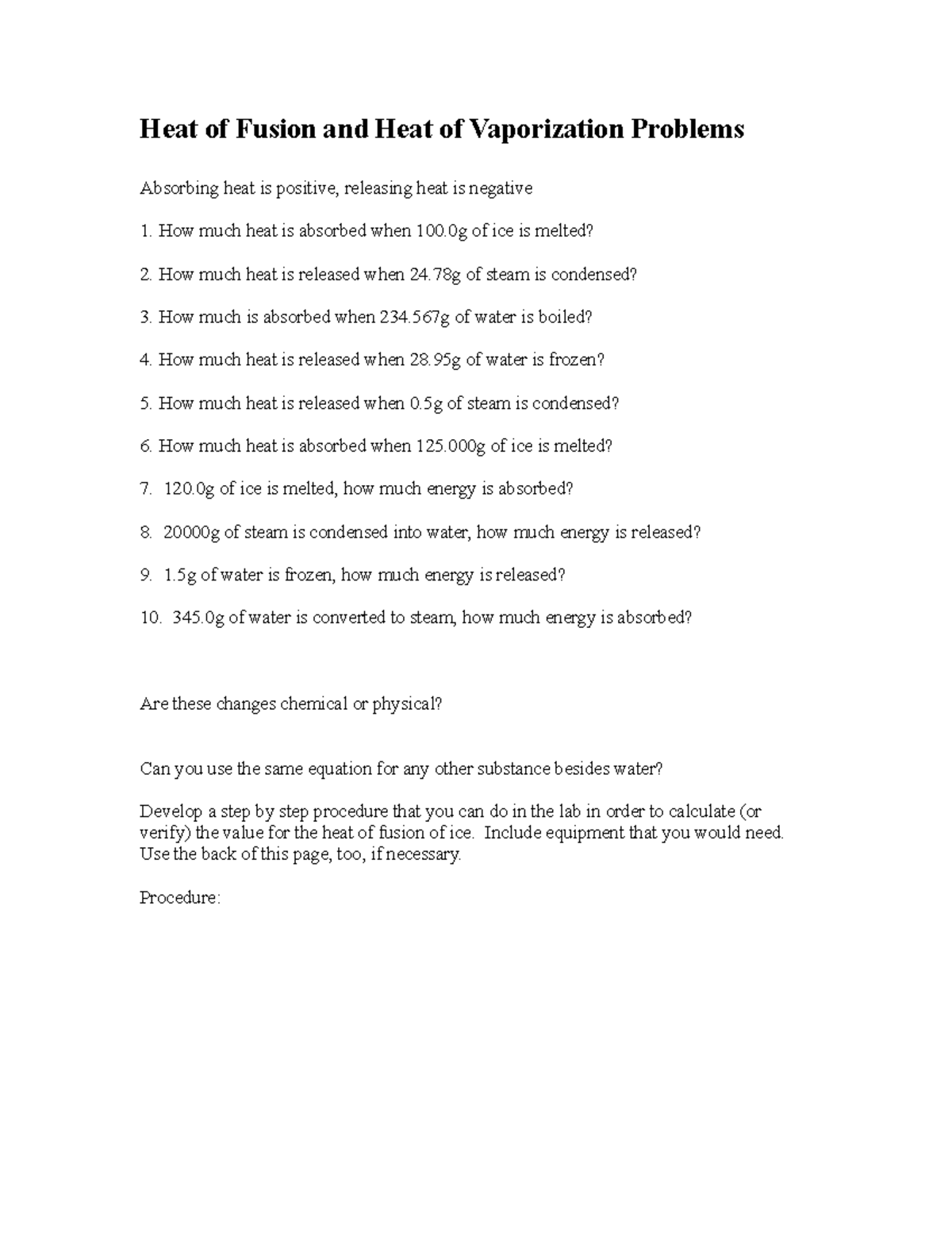 Heat of Fusion and Heat of Vaporization Problems - Include equipment ...