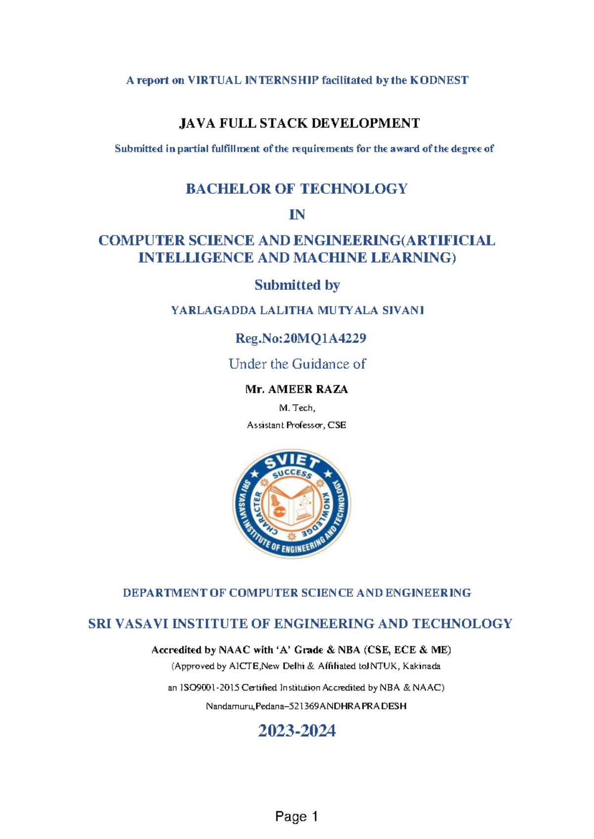 Sivani Kodnest - Internship documentation - A report on VIRTUAL INTERNSHIP facilitated by the ...