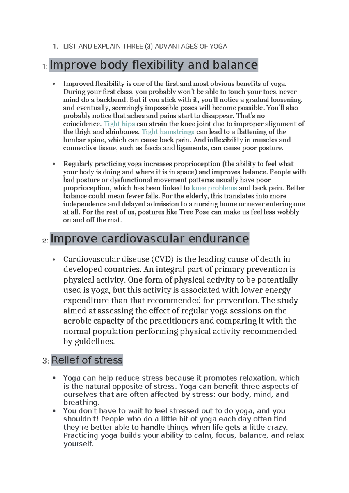 Assignment chapter 5 - 1. LIST AND EXPLAIN THREE (3) ADVANTAGES OF YOGA ...