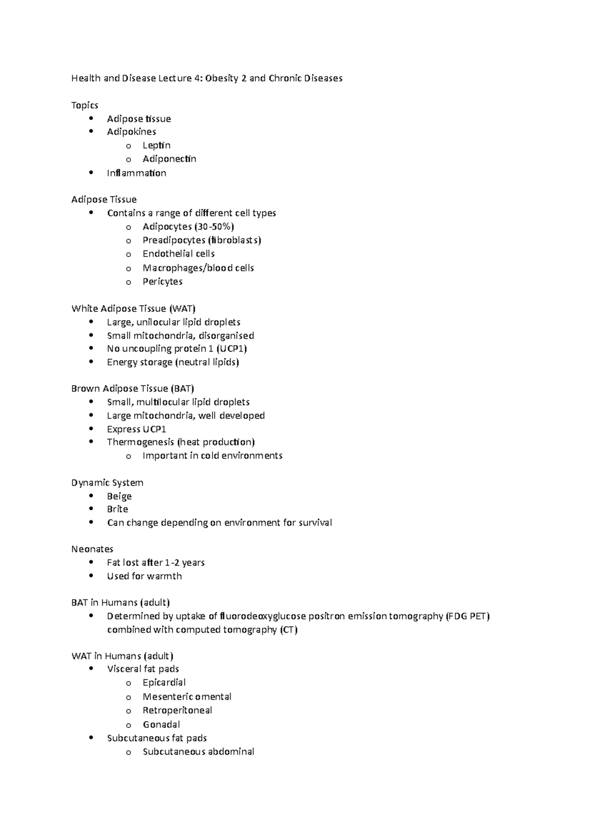 Lecture 4 Notes - Obesity 2 - Health and Disease Lecture 4: Obesity 2 ...