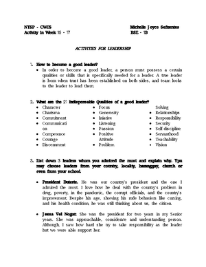 II. Lesson 1 Values Development NSTP - VALUES DEVELOPMENT Values are ...