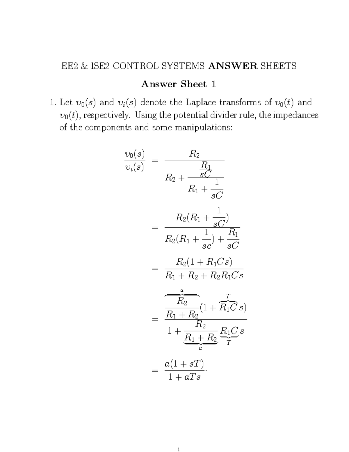Solution 2018 - EE2 & ISE2 CONTROL SYSTEMSANSWERSHEETS Answer Sheet 1 ...