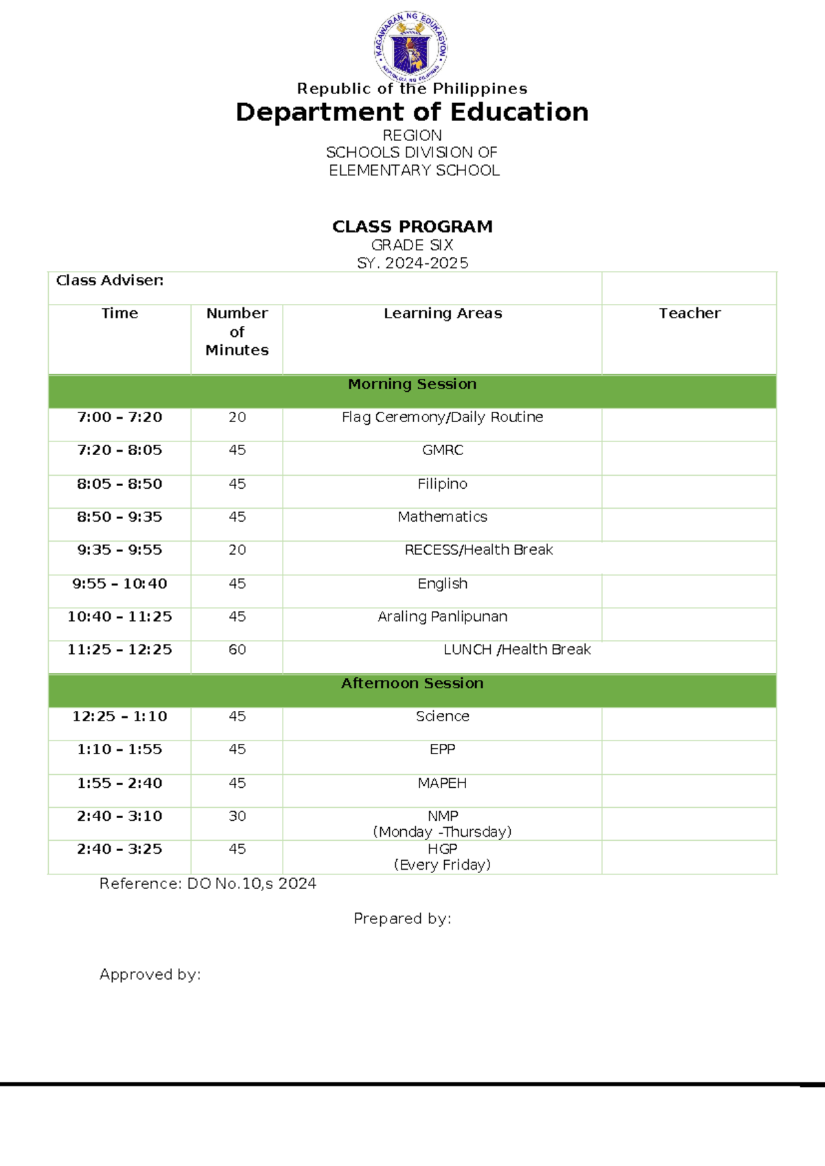 Sample Class Program 2024 2025 Grade 6 - Republic of the Philippines ...