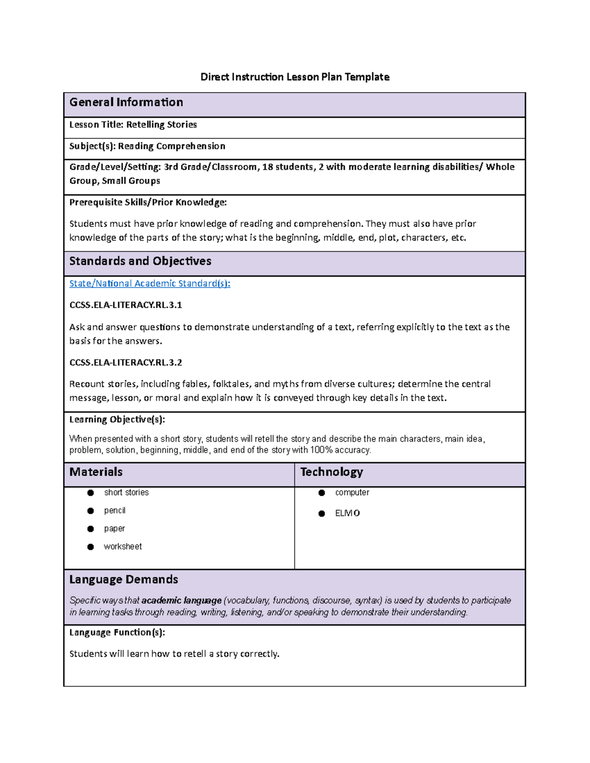 Direct Instruction Lesson Plan - They must also have prior knowledge of ...