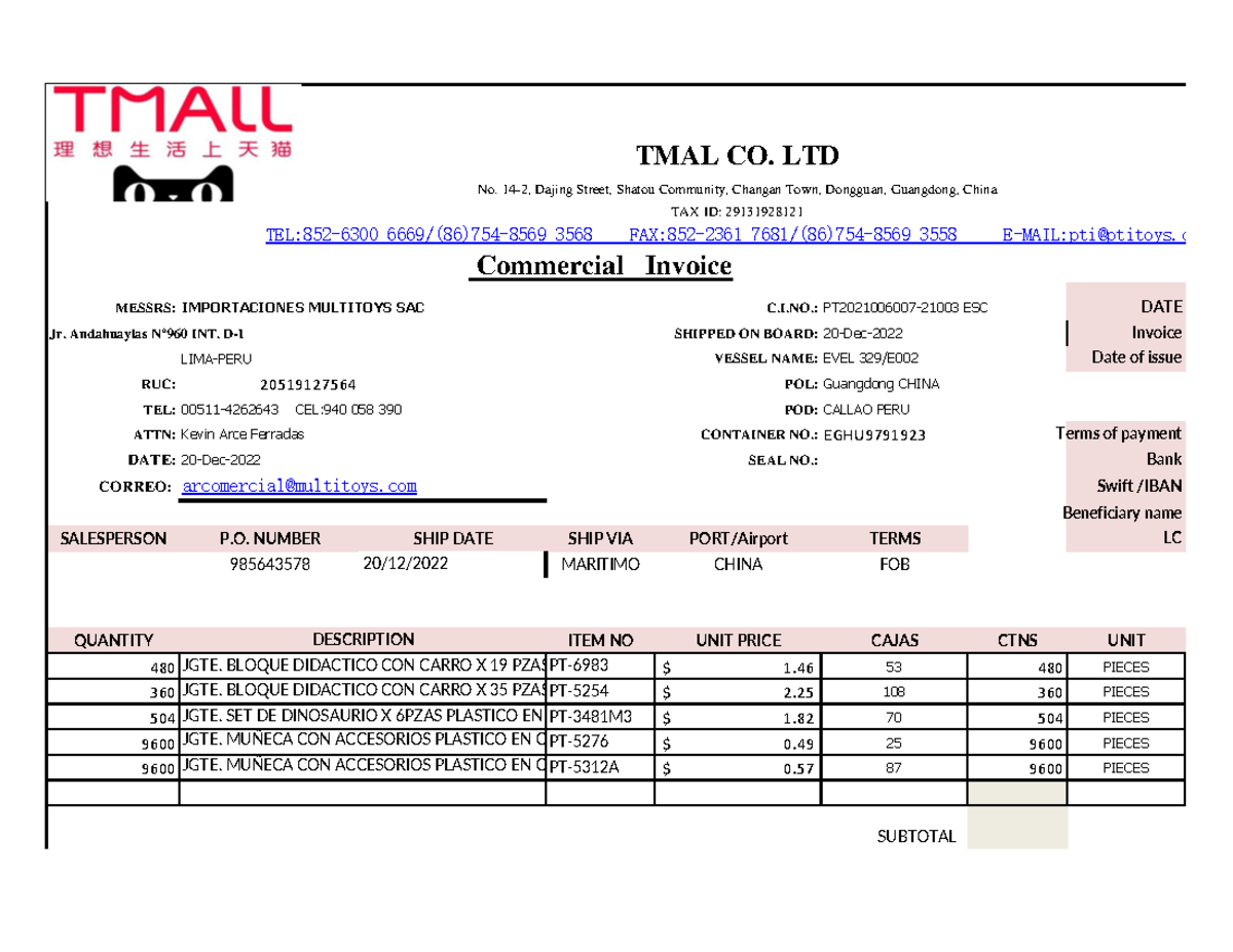 Comercial Invoice - documentacion - Commercial Invoice MESSRS ...